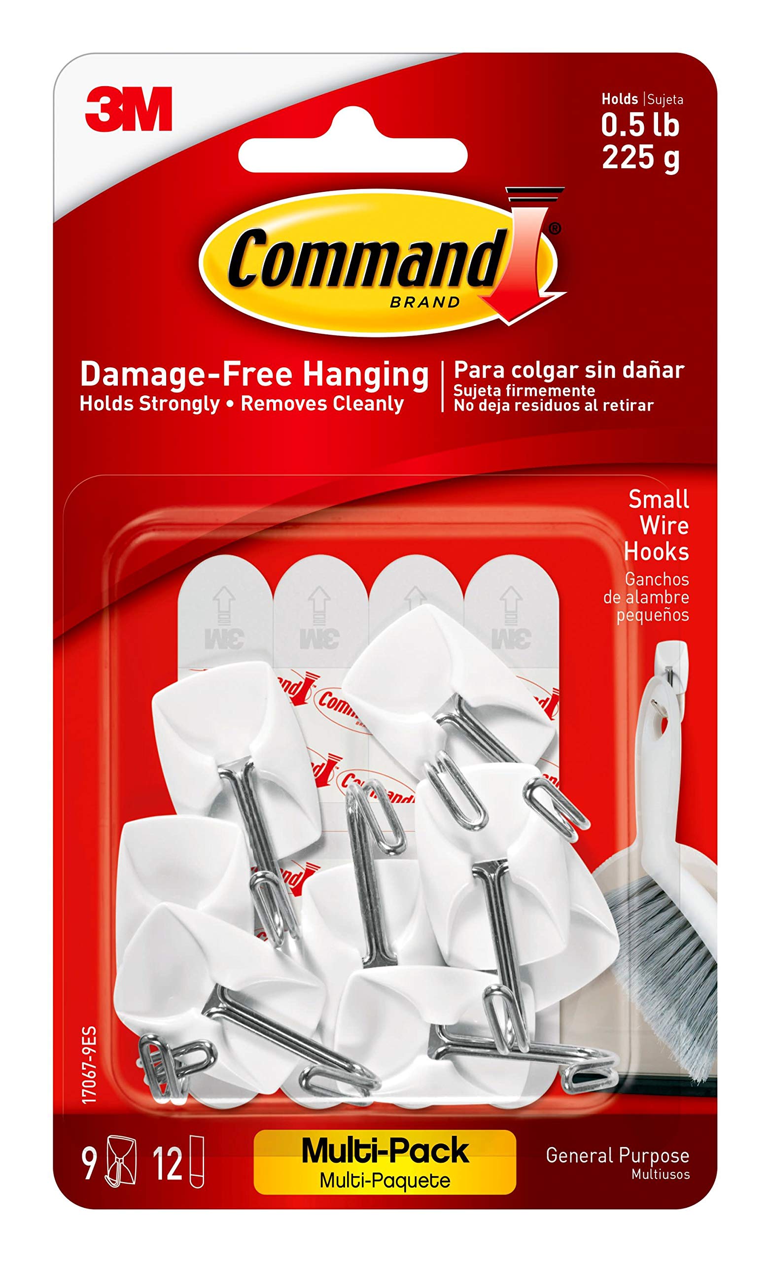Command Small Wire Toggle Hooks, Damage Free Hanging Wall Hooks with Adhesive Strips, No Tools Wall Hooks for Hanging Organizational Items in Living Spaces, 9 White Hooks and 12 Command Strips