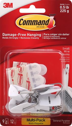 Command Small Wire Toggle Hooks, Damage Free Hanging Wall Hooks with Adhesive Strips, No Tools Wall Hooks for Hanging Organizational Items in Living Spaces, 9 White Hooks and 12 Command Strips