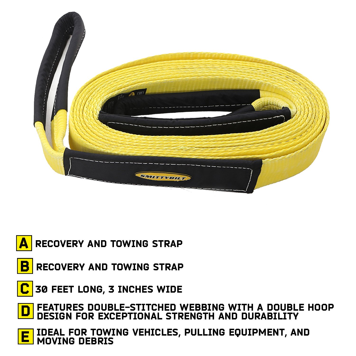 Smittybilt 3-inch x 30-feet Tow Strap (Yellow) - CC330