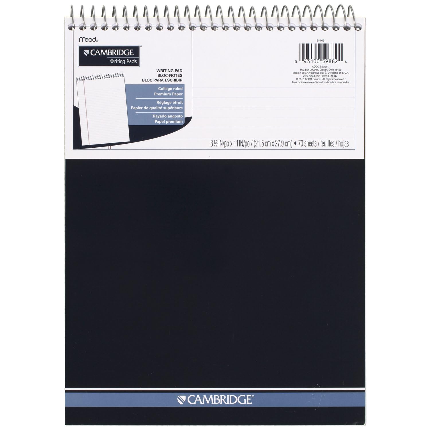 Mead Cambridge , Top Wirebound Spiral Notebook, College Ruled Memo NotePad, Stiff Back, Durable Cover Business Journal, 8-1/2" x 11", 70 Double-Sided Sheets, Navy (59882), White