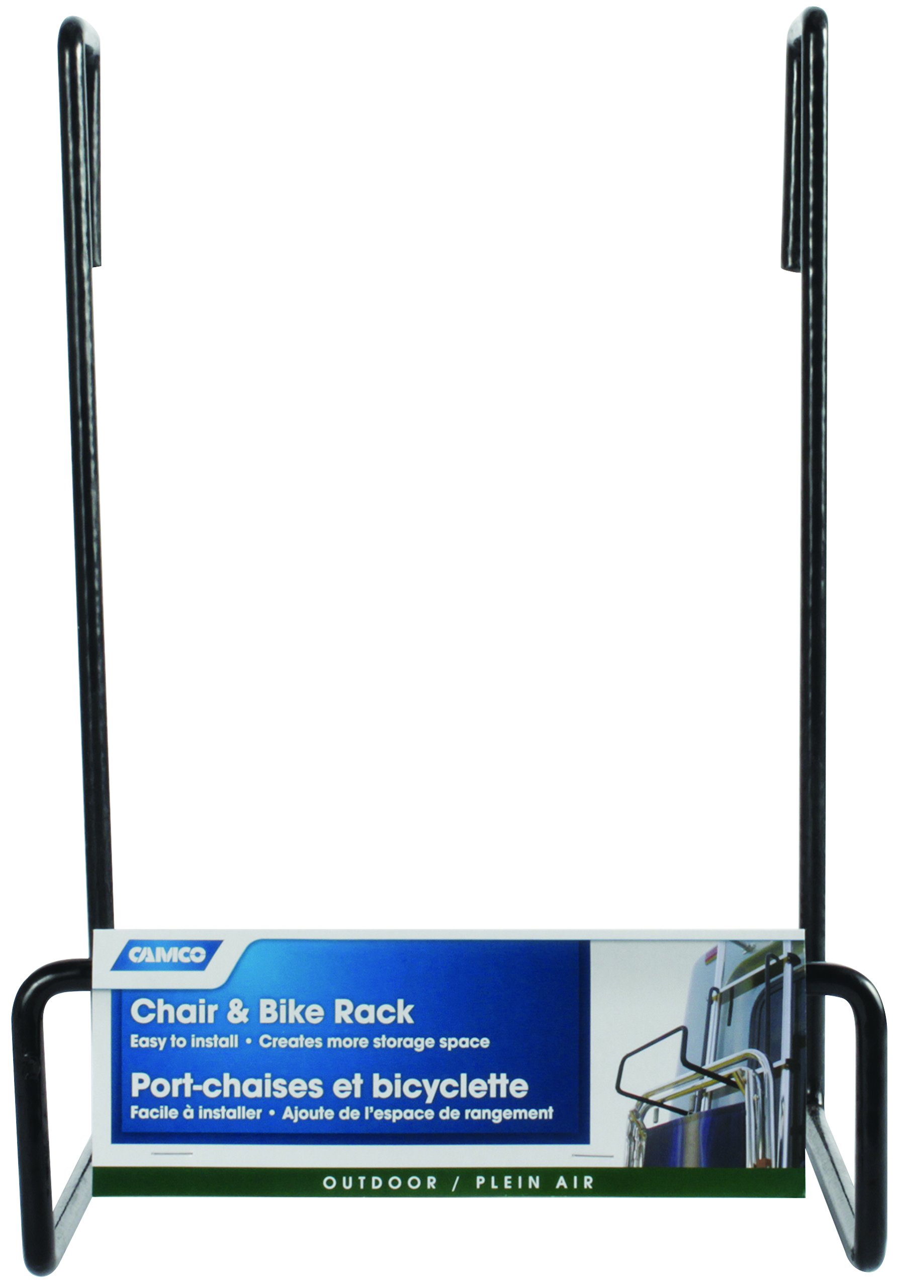 Camco - 21029 Heavy Duty Chair Rack- Hook on RV Ladder to Support Folding Chairs, Picnic Chairs, and Beach Chairs During Travel- Black (51490)