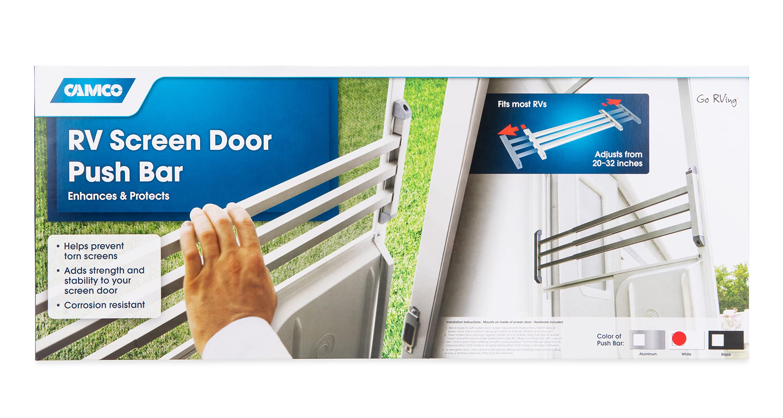 Camco RV Screen Door Push Bar | Adjustable from 20 to 32-inches | Adds Strength and Stability to RV Screen Door | (43977)