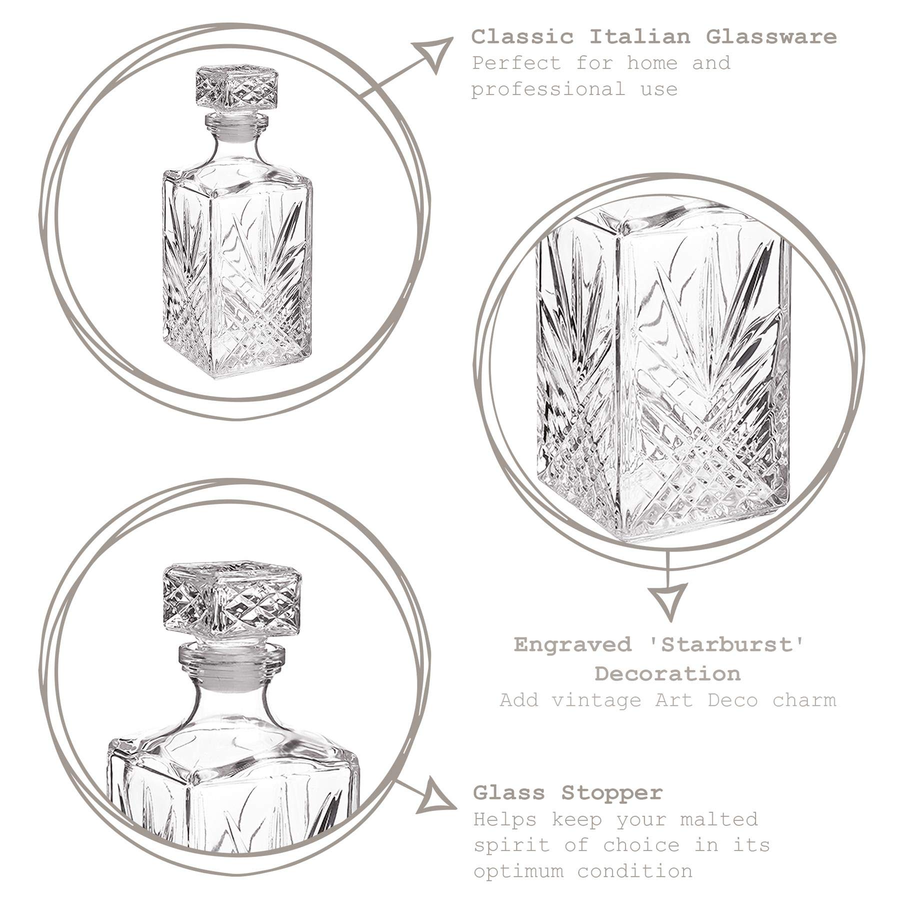 Bormioli Rocco Selecta Collection Whiskey Decanter – Sophisticated 33.75oz Diamond Decanter With Starburst Detailing – For Whiskey, Bourbon, Scotch & Liquor
