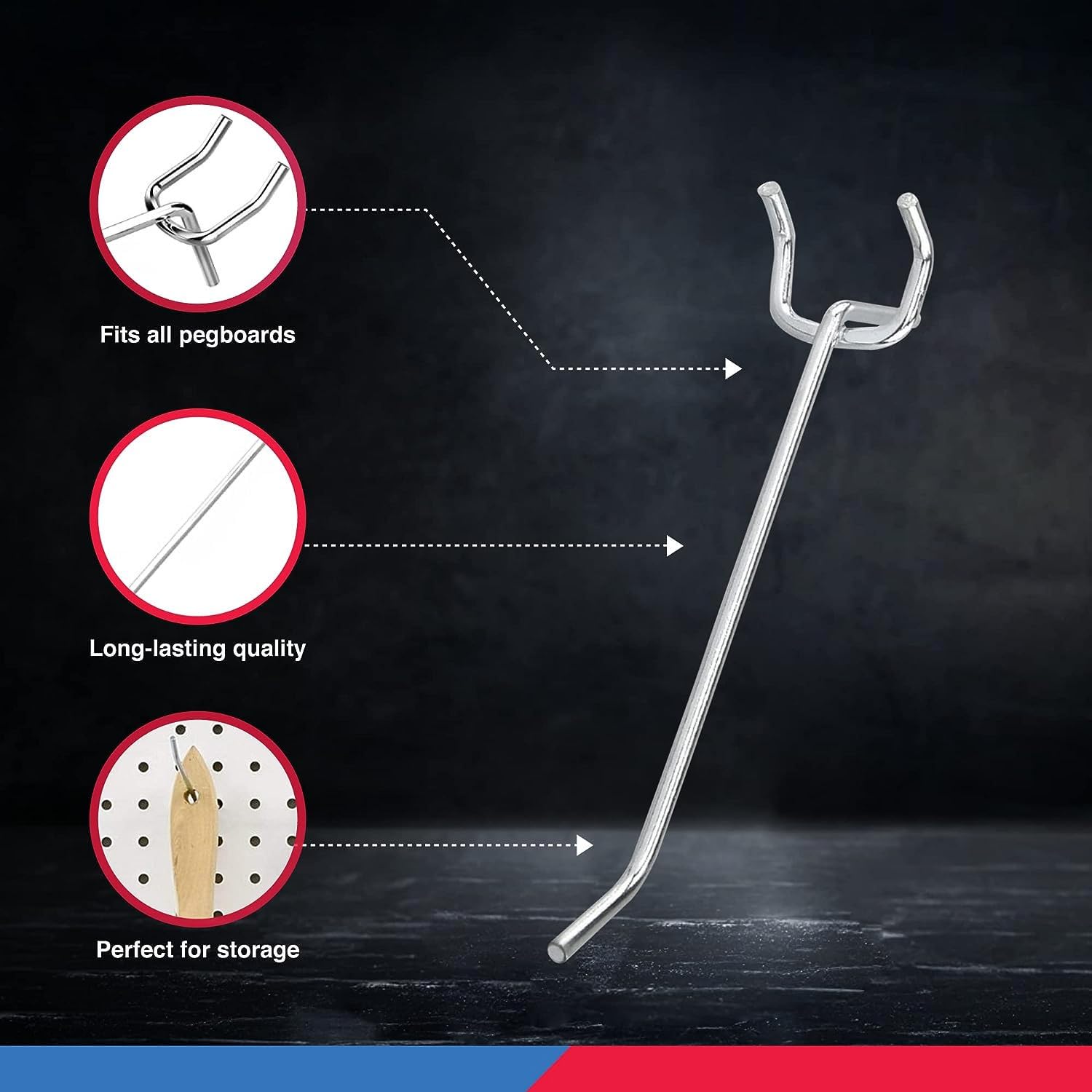 Neiko 53100A 4 Inch Heavy Duty Pegboard Hooks Kit, 50 Pack, 1/4" Peg Hooks for 1” Spaced Pegboards, Utility Hooks for Wall Organizing in Home or Garage