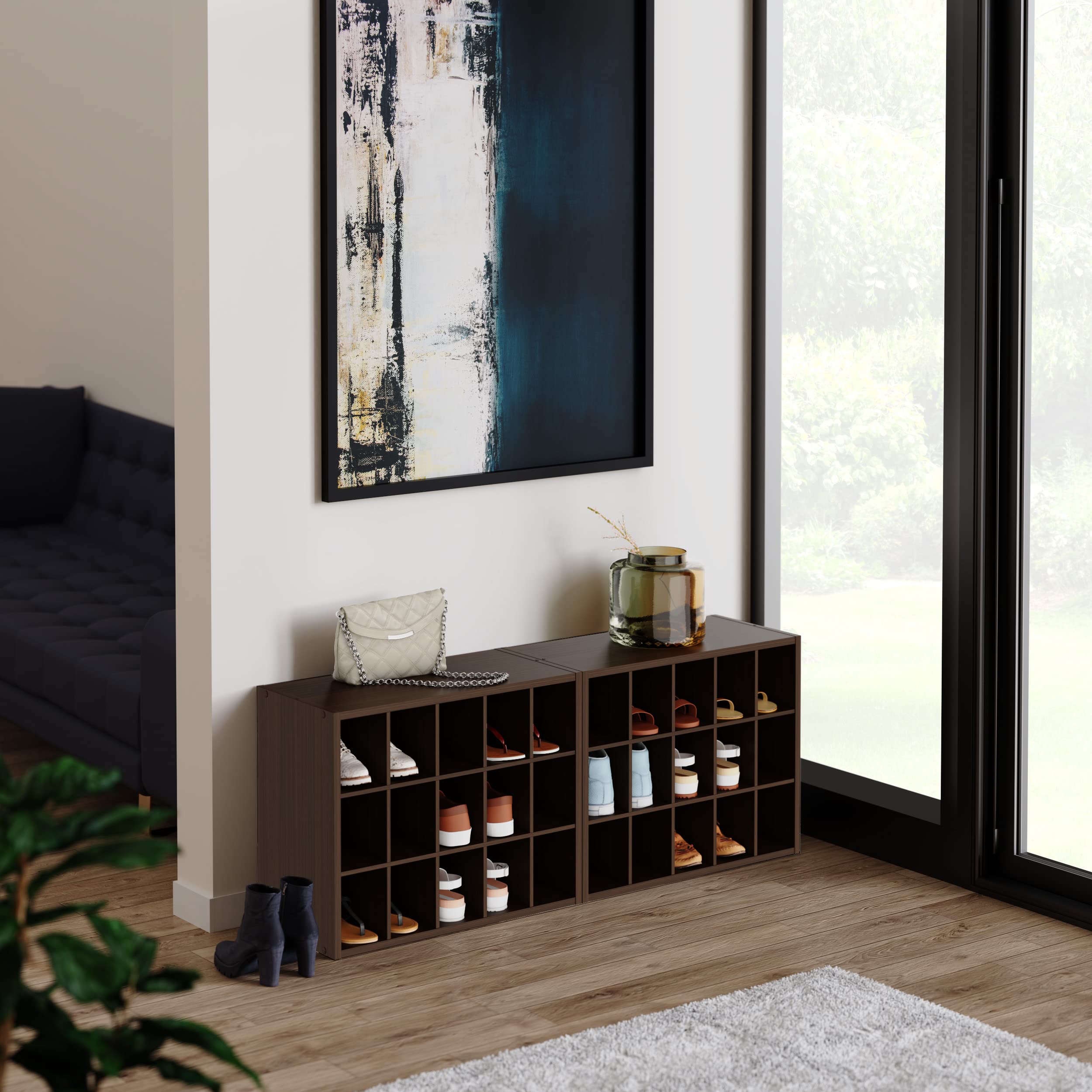 ClosetMaid 15 Cube Stackable Storage Organizer for Shoes, Bags, Crafts, Hobbies with Wood Shelves, for Closet, Entryway or Mudroom, Espresso