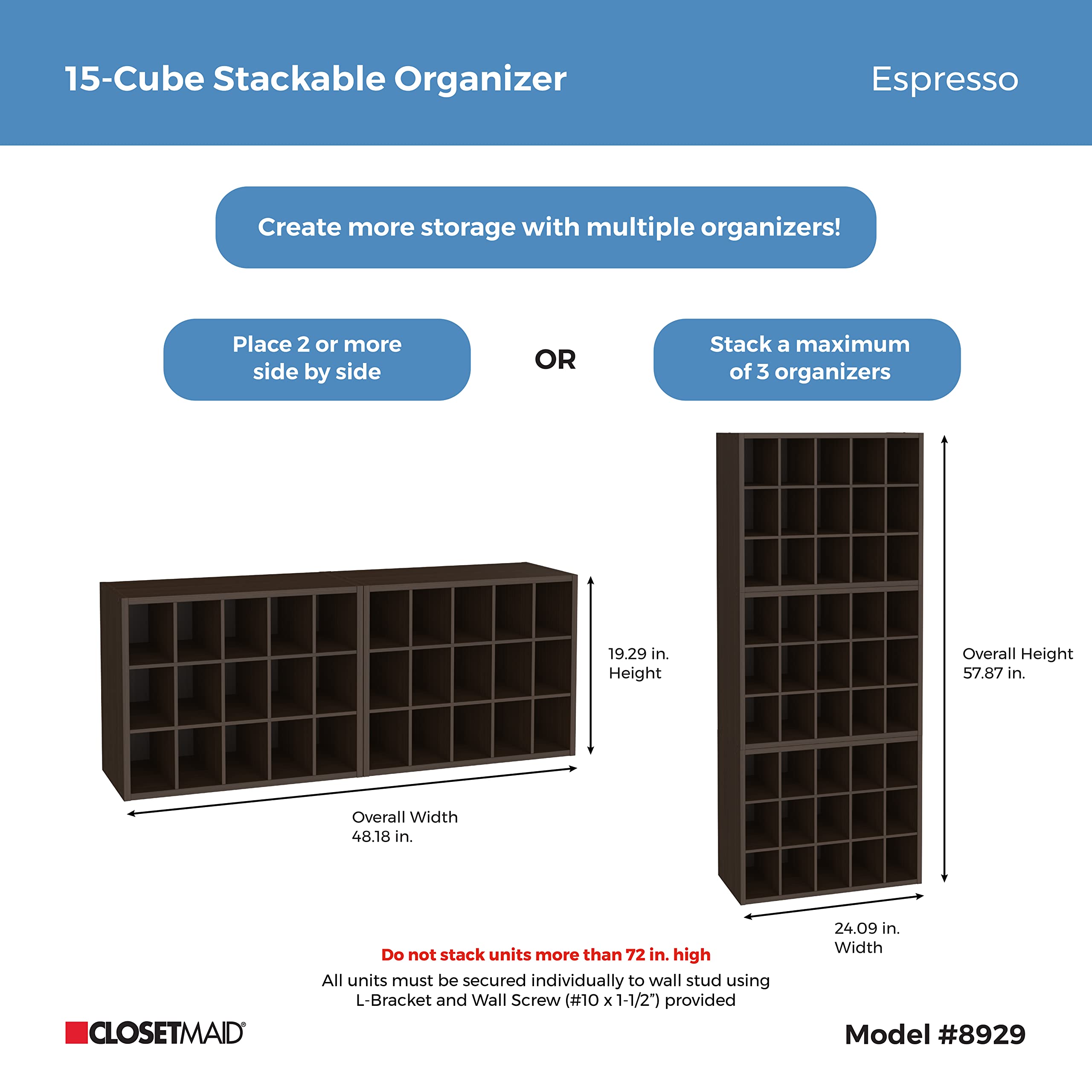 ClosetMaid 15 Cube Stackable Storage Organizer for Shoes, Bags, Crafts, Hobbies with Wood Shelves, for Closet, Entryway or Mudroom, Espresso