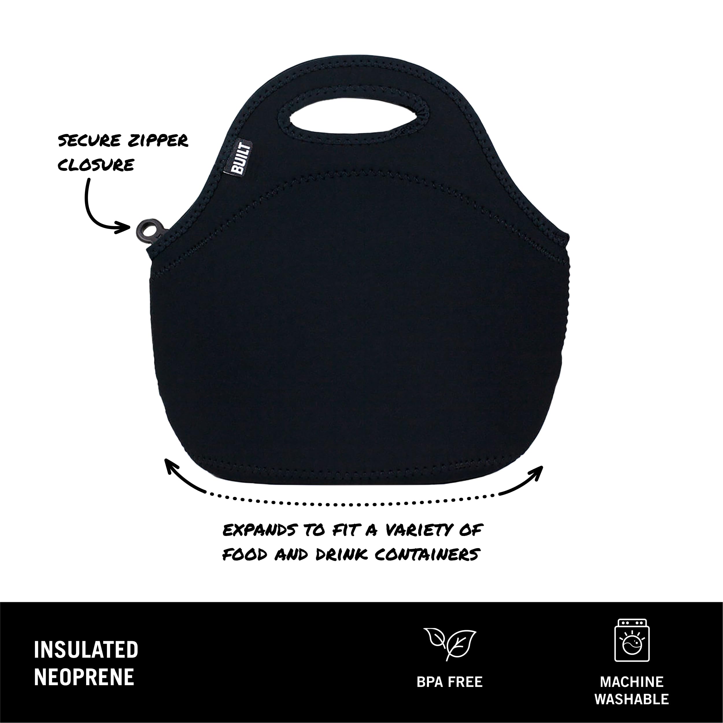 BUILT Gourmet Getaway Soft Neoprene Lunch Tote Bag - Lightweight, Insulated and Reusable, One Size, Black