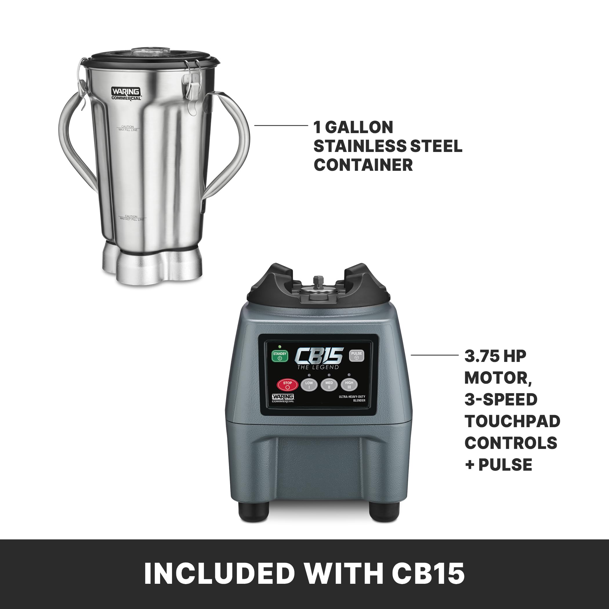 Waring Commercial CB15 Ultra Heavy Duty 3.75 HP Blender, Electric Touchpad Controls with Stainless Steel 1 Gallon Container, 120V, 5-15 Phase Plug