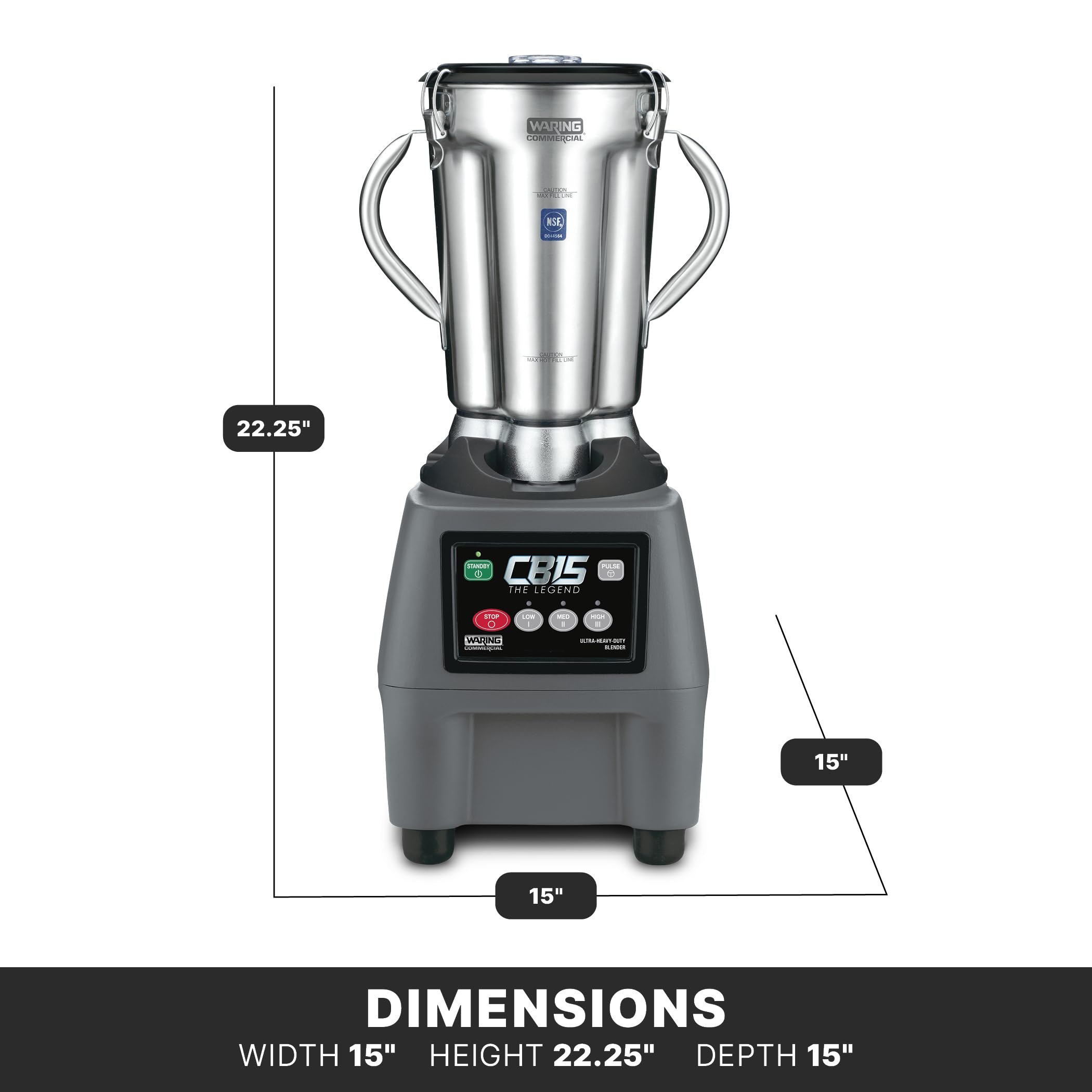 Waring Commercial CB15 Ultra Heavy Duty 3.75 HP Blender, Electric Touchpad Controls with Stainless Steel 1 Gallon Container, 120V, 5-15 Phase Plug