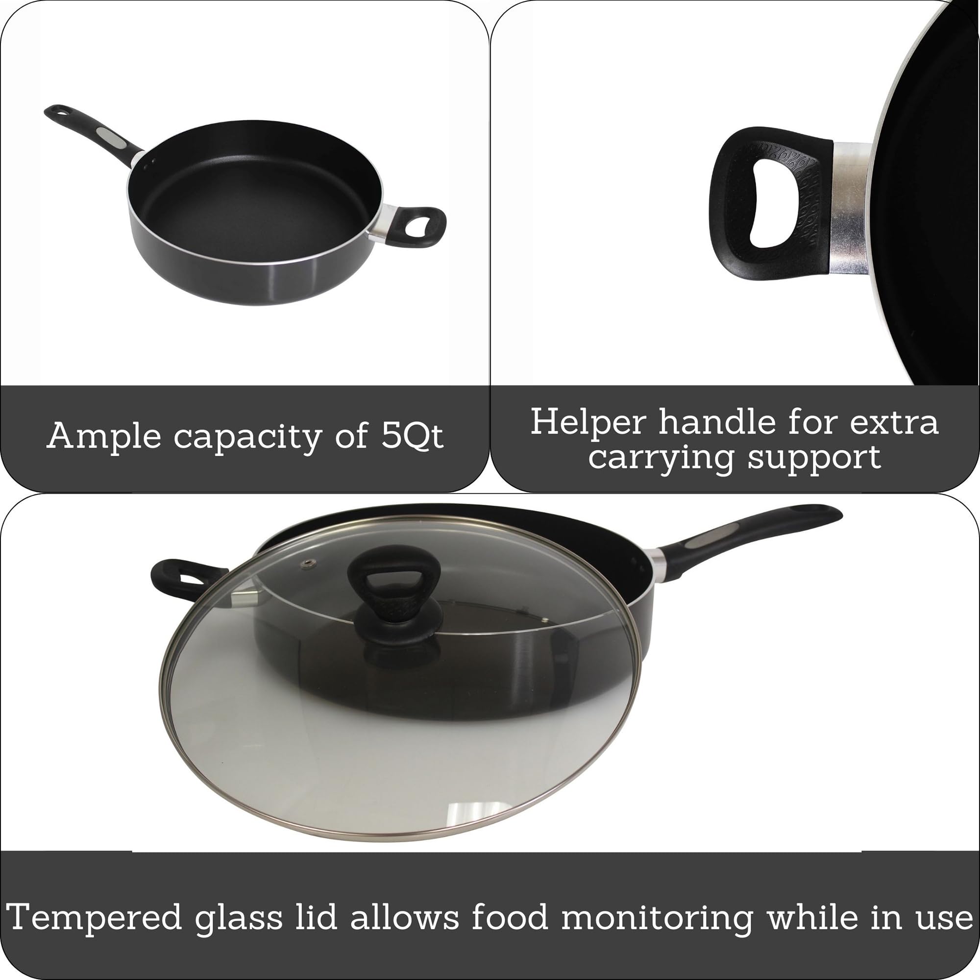 Mirro A79782 Get A Grip Aluminum Nonstick Jumbo Cooker Deep Fry Pan with Glass Lid Cover Cookware, 12-Inch, Black
