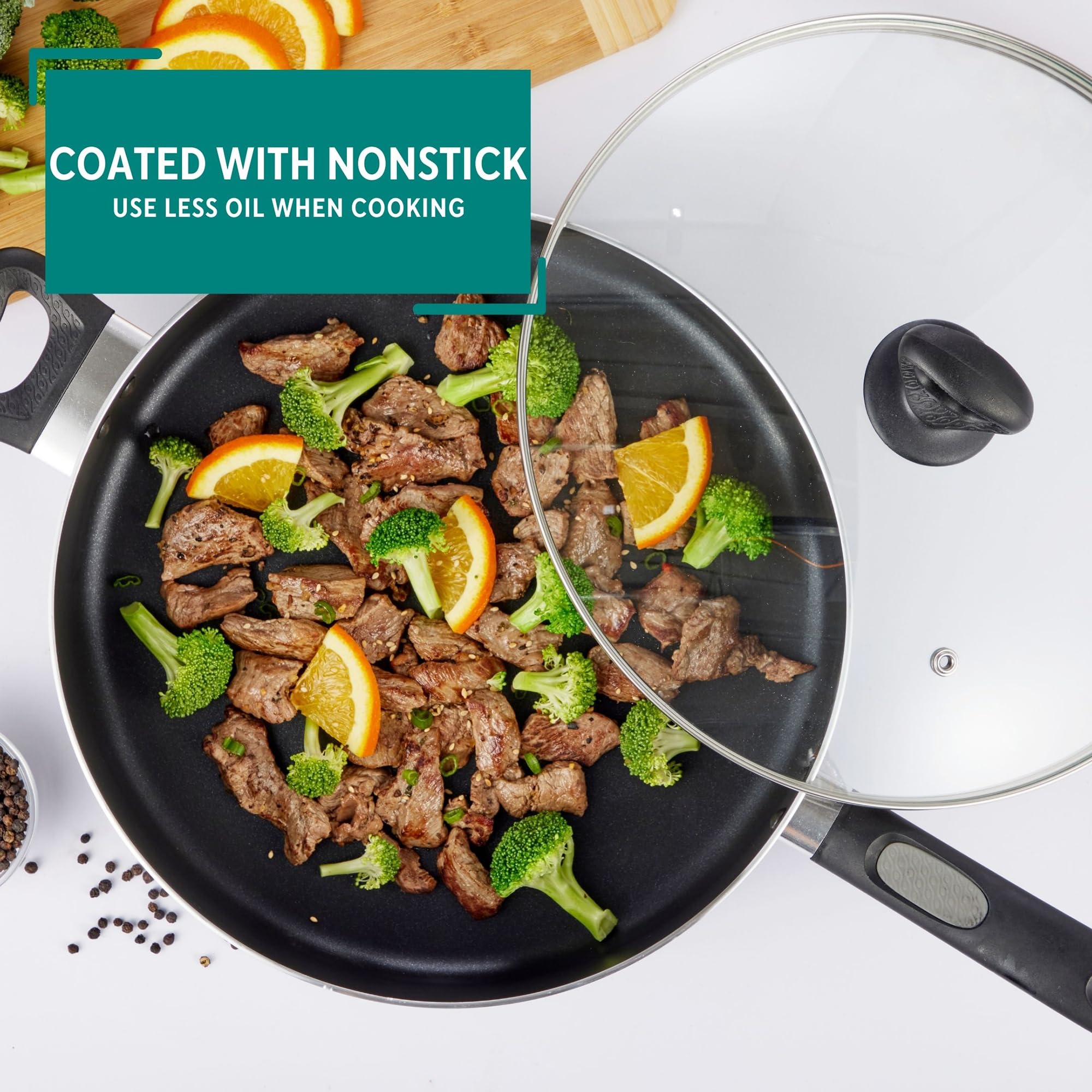 Mirro A79782 Get A Grip Aluminum Nonstick Jumbo Cooker Deep Fry Pan with Glass Lid Cover Cookware, 12-Inch, Black