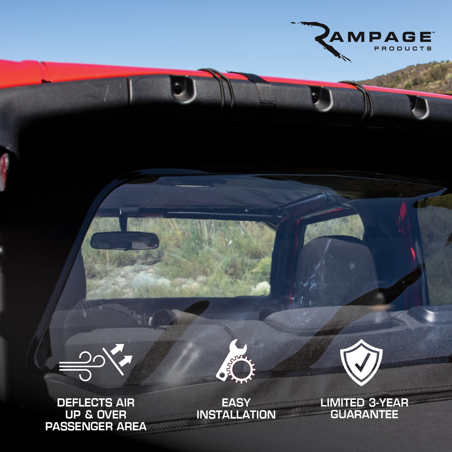 RAMPAGE PRODUCTS 90035R Windbreaker for 1980-2006 Jeep CJ, Wrangler YJ & TJ, Black Diamond