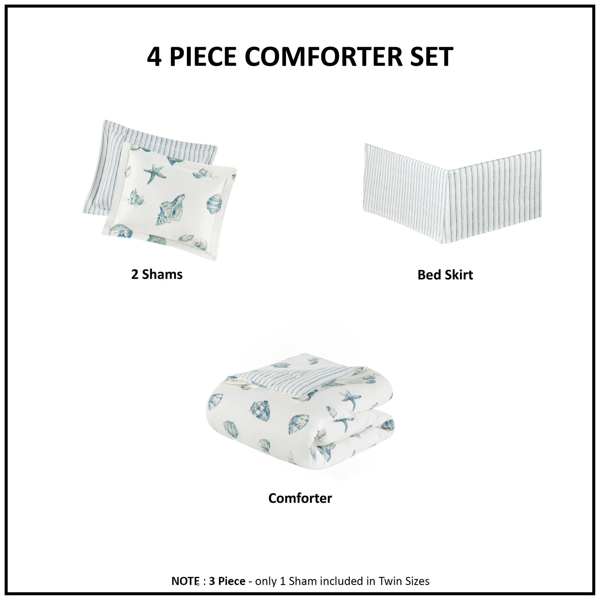 Harbor House Cozy Cotton Comforter Set - Coastal, All Season Down Alternative Casual Bedding with Matching Shams, Decorative Pillows, Beach House, Reversible Seashell Blue Twin(72"x90") 3 Piece