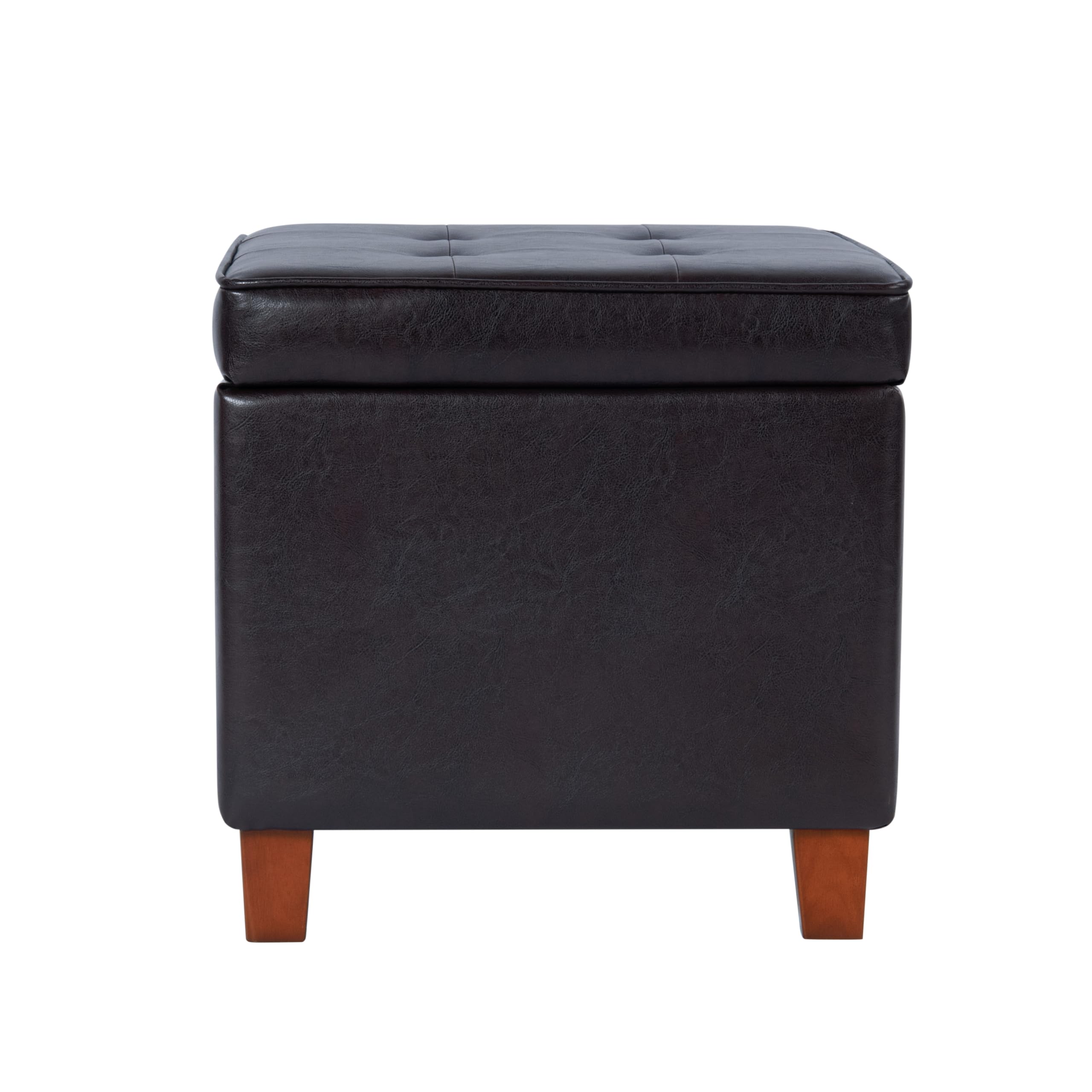 HomePop Leatherette Tufted Square Storage Ottoman with Hinged Lid, Brown