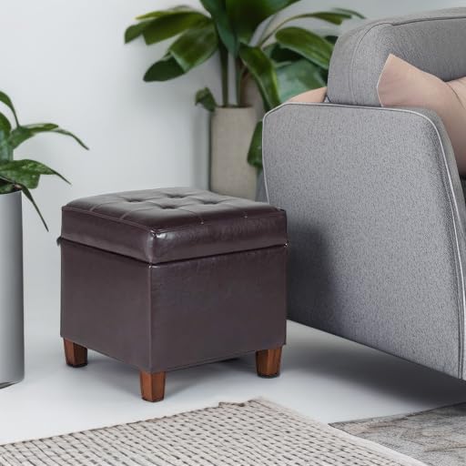 HomePop Leatherette Tufted Square Storage Ottoman with Hinged Lid, Brown