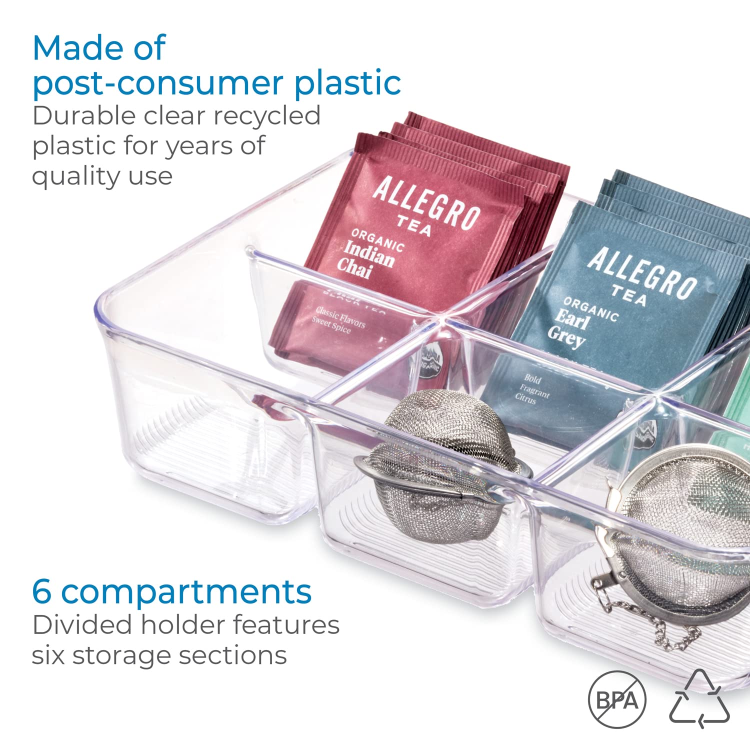 iDesign Divided Packet and Tea Bag Organizer for Kitchen Cabinets and Countertops, The Linus Collection - 6.5" x 9.5" x 2.25" - Clear