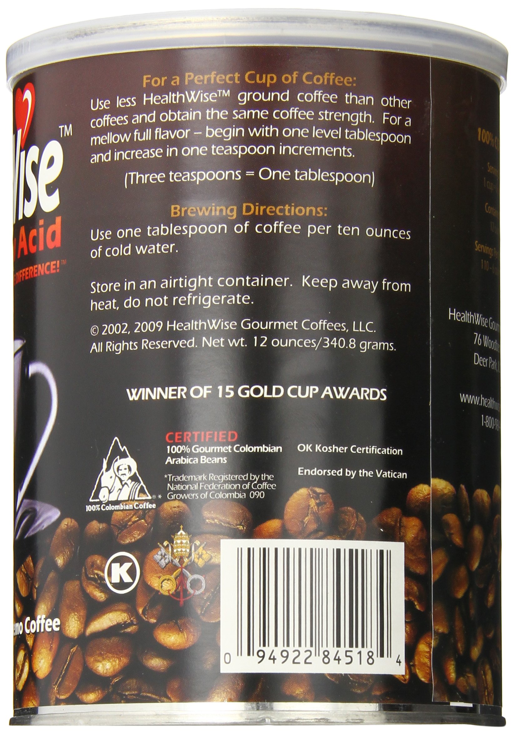 HealthWise Low Acid Coffee 100 Colombian Supremo, Original, 12 Ounce
