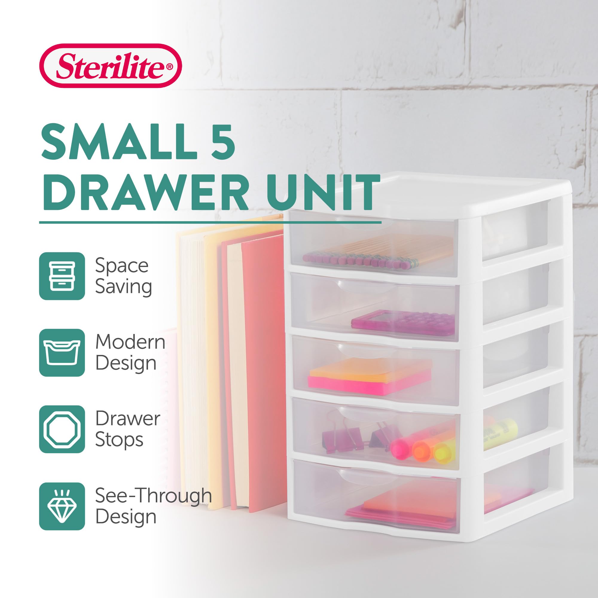 Sterilite 20758004 Small 5 Drawer Unit, White Frame with Clear Drawers, 4-Pack