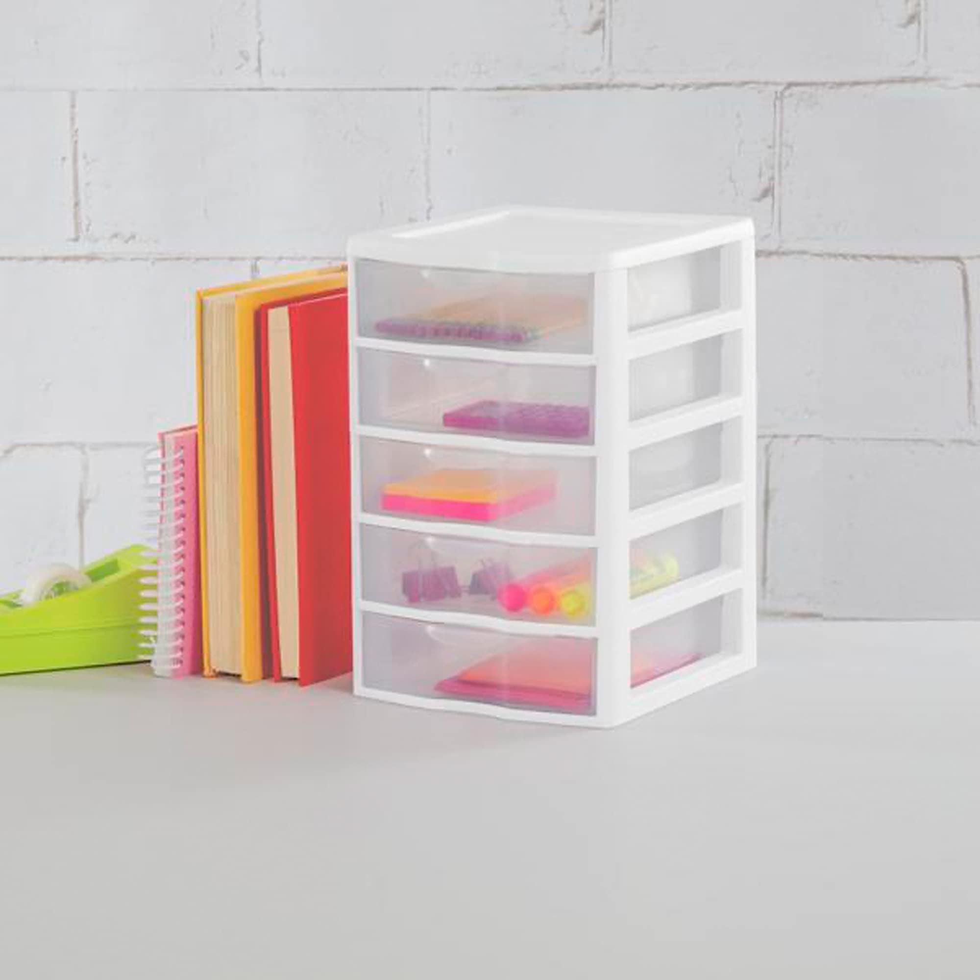 Sterilite 20758004 Small 5 Drawer Unit, White Frame with Clear Drawers, 4-Pack