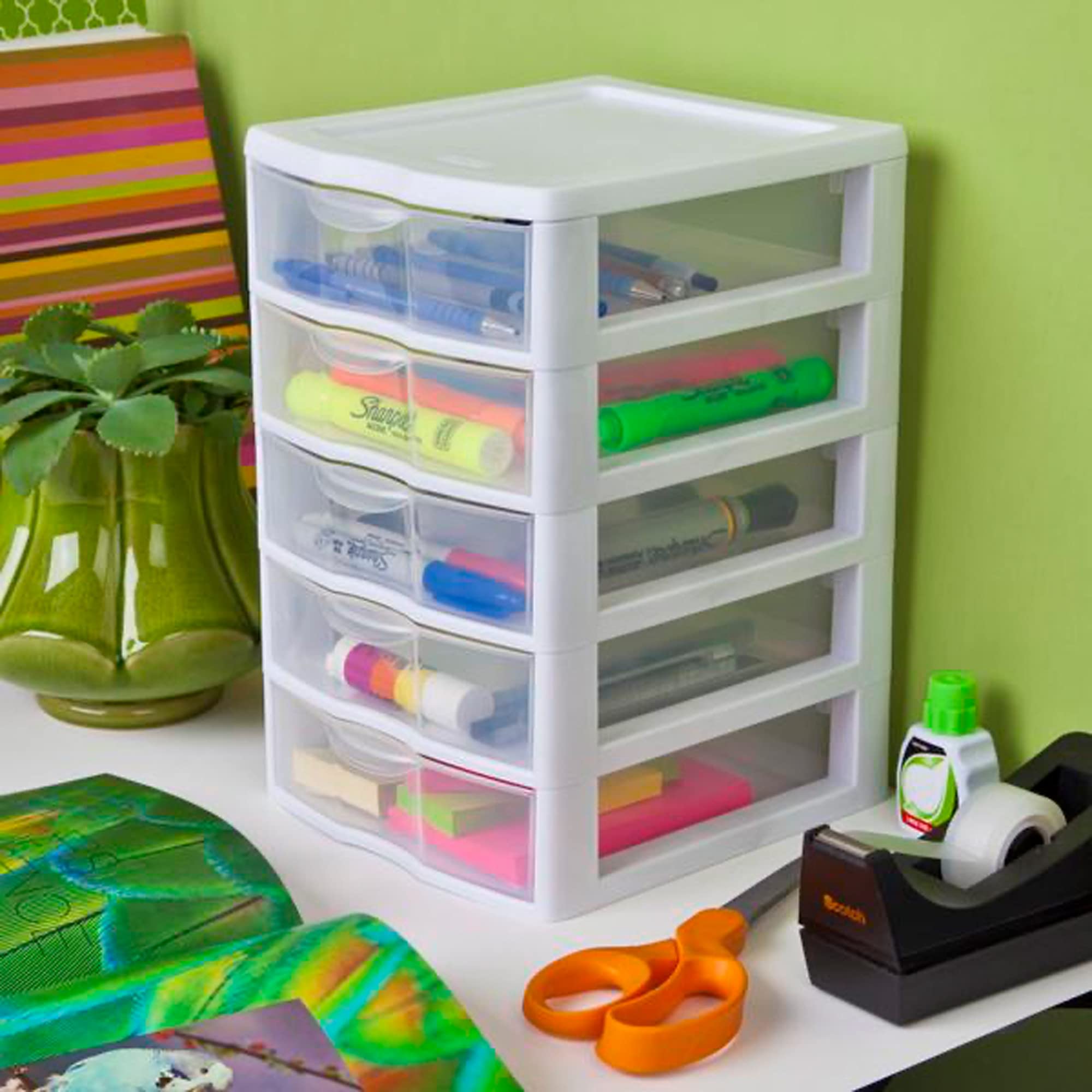Sterilite 20758004 Small 5 Drawer Unit, White Frame with Clear Drawers, 4-Pack