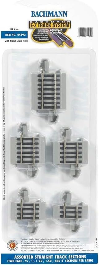 Bachmann Trains - Snap-Fit E-Z TRACK E-Z TRACK CONNECTOR ASSORTMENT - Contains 2 each .75", 1", 1.25", 1.5" and 2" straight (card) - NICKEL SILVER Rail With Gray Roadbed - HO Scale