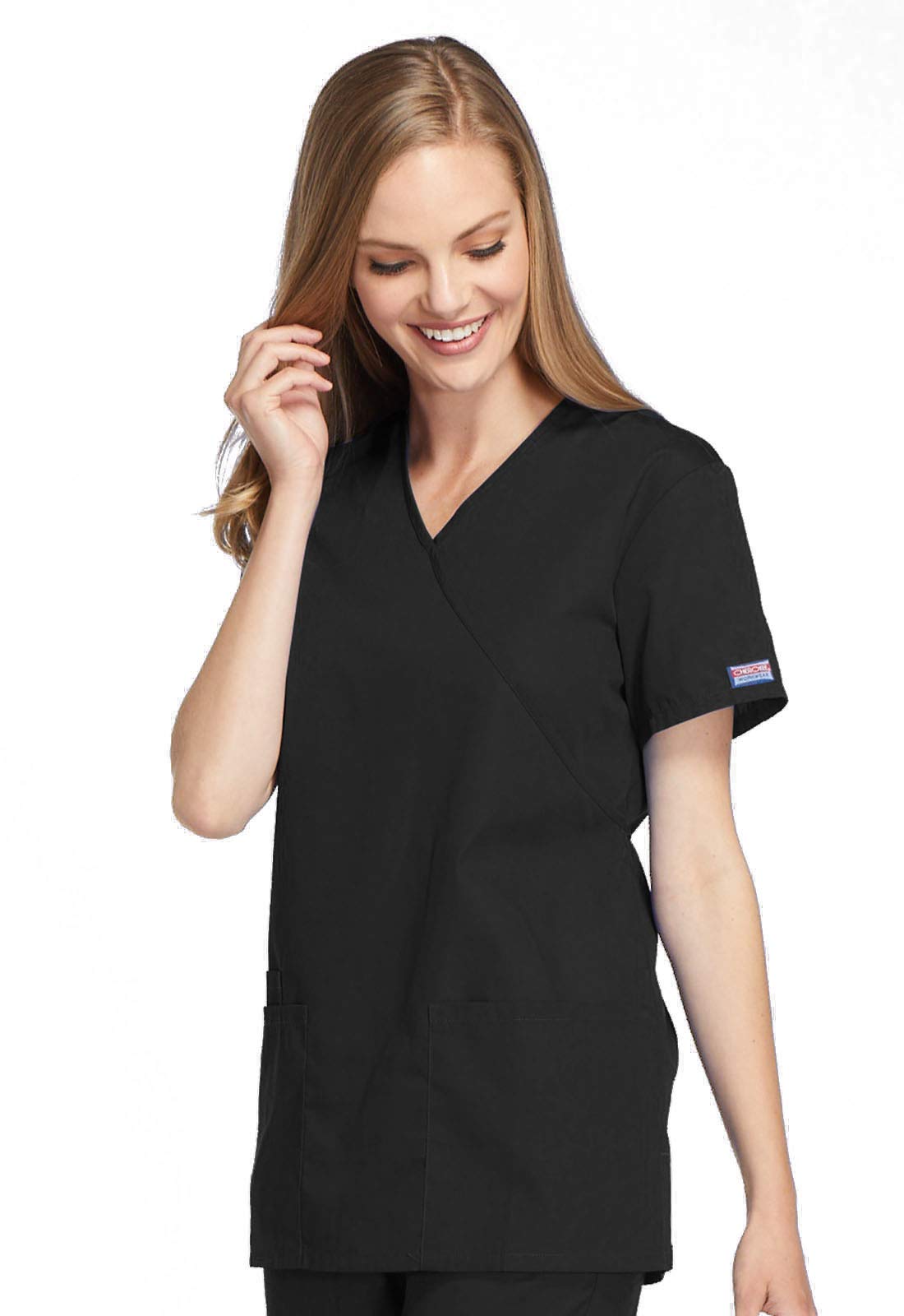 Workwear Women Scrubs Top Mock Wrap Tunic 4801, XL, Black