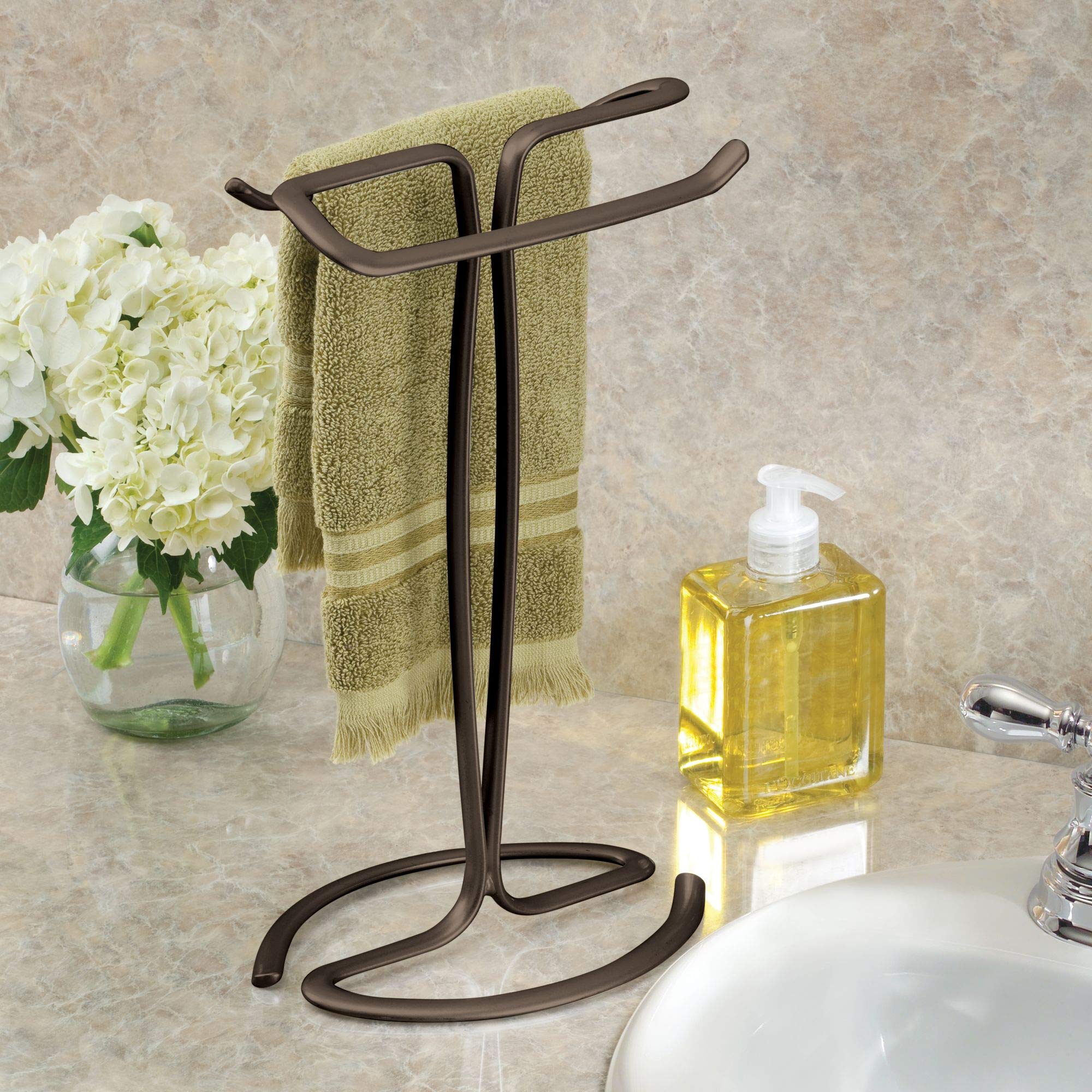 iDesign Axis Metal Hand Towel Holder for Master Bathroom, Vanities, Countertops, Kitchen, Holds 2 Finger Tip Towels, Bronze