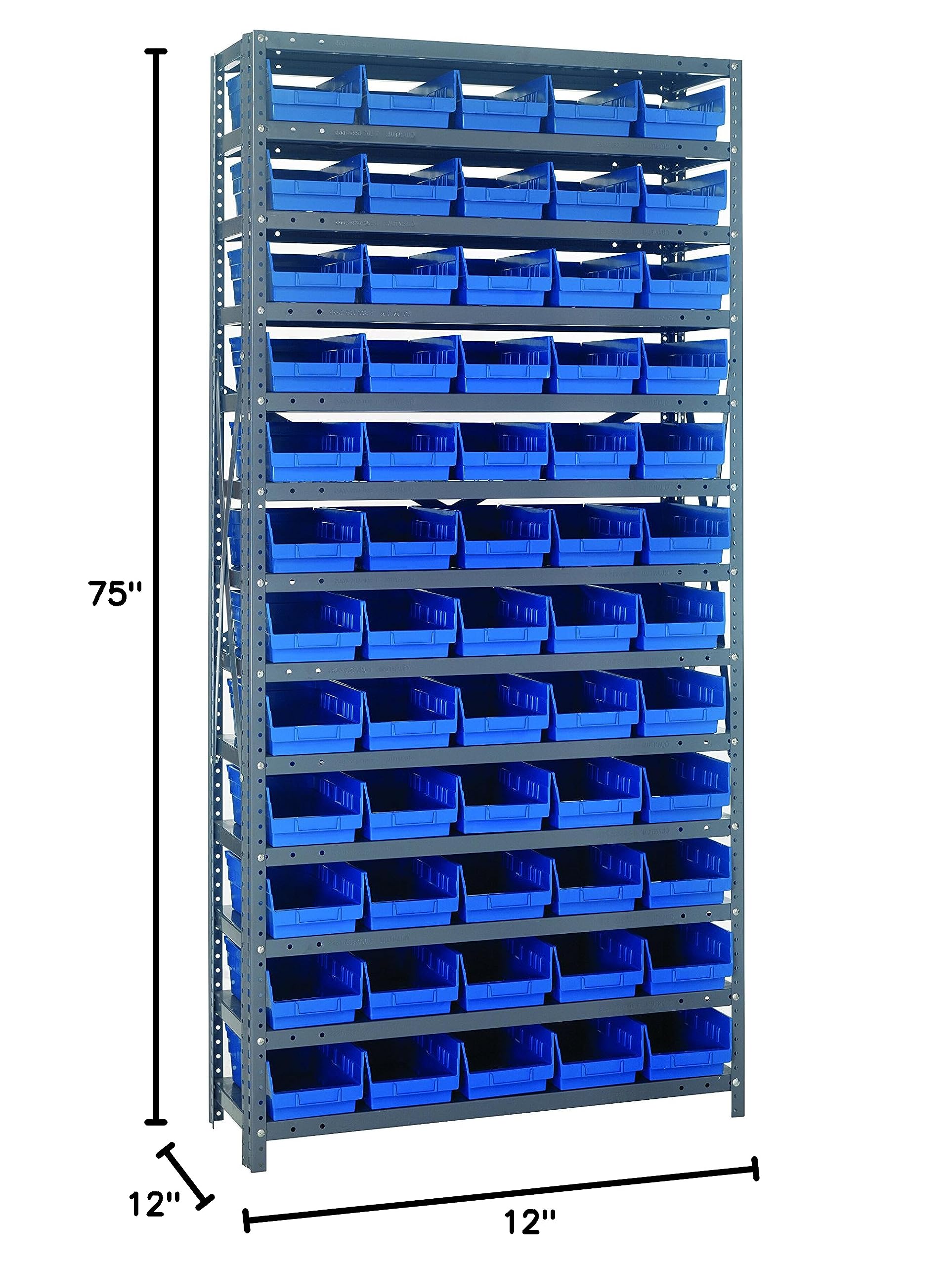 Quantum Storage 1275-102BL Steel Shelving Unit with 4" Shelf Bins, 12" D x 36" W x 75" H, Blue