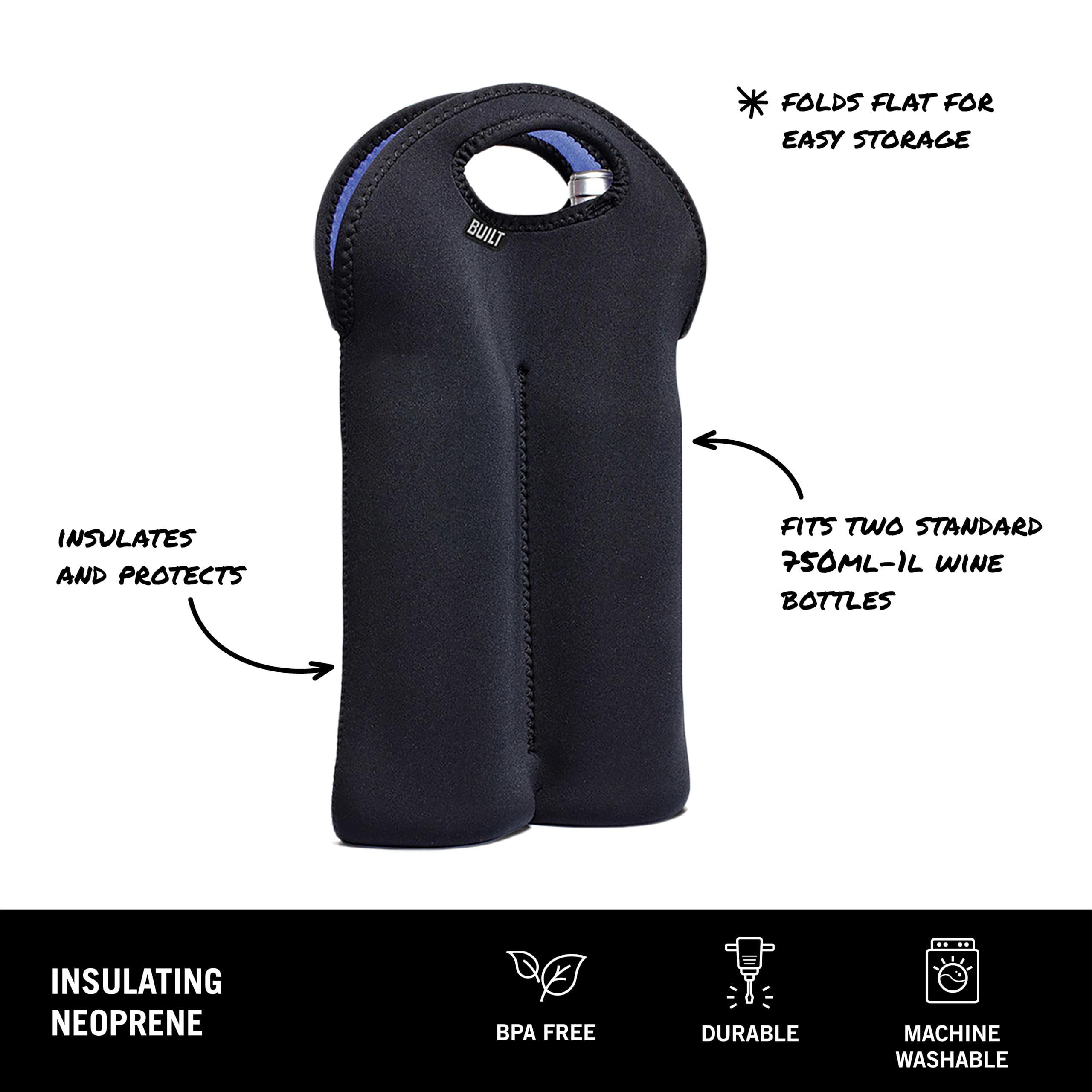 BUILT 2-Bottle Stain Resistant Neoprene Wine/Water Bottle Carry Tote, Black