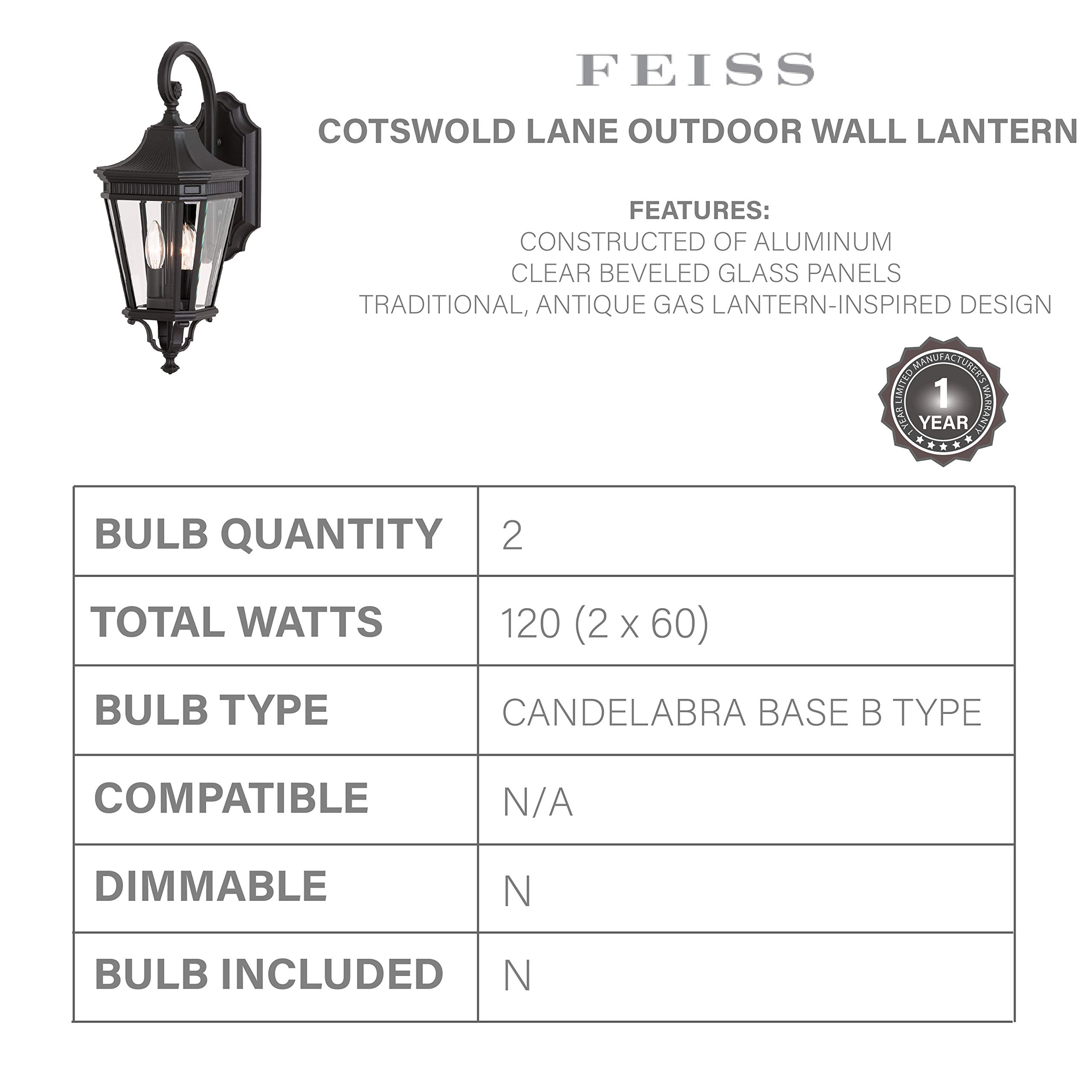 Feiss OL5401BK Cotswold Lane Outdoor Patio Lighting Wall Lantern, Black, 2-Light (9"W x 21"H) 120watts