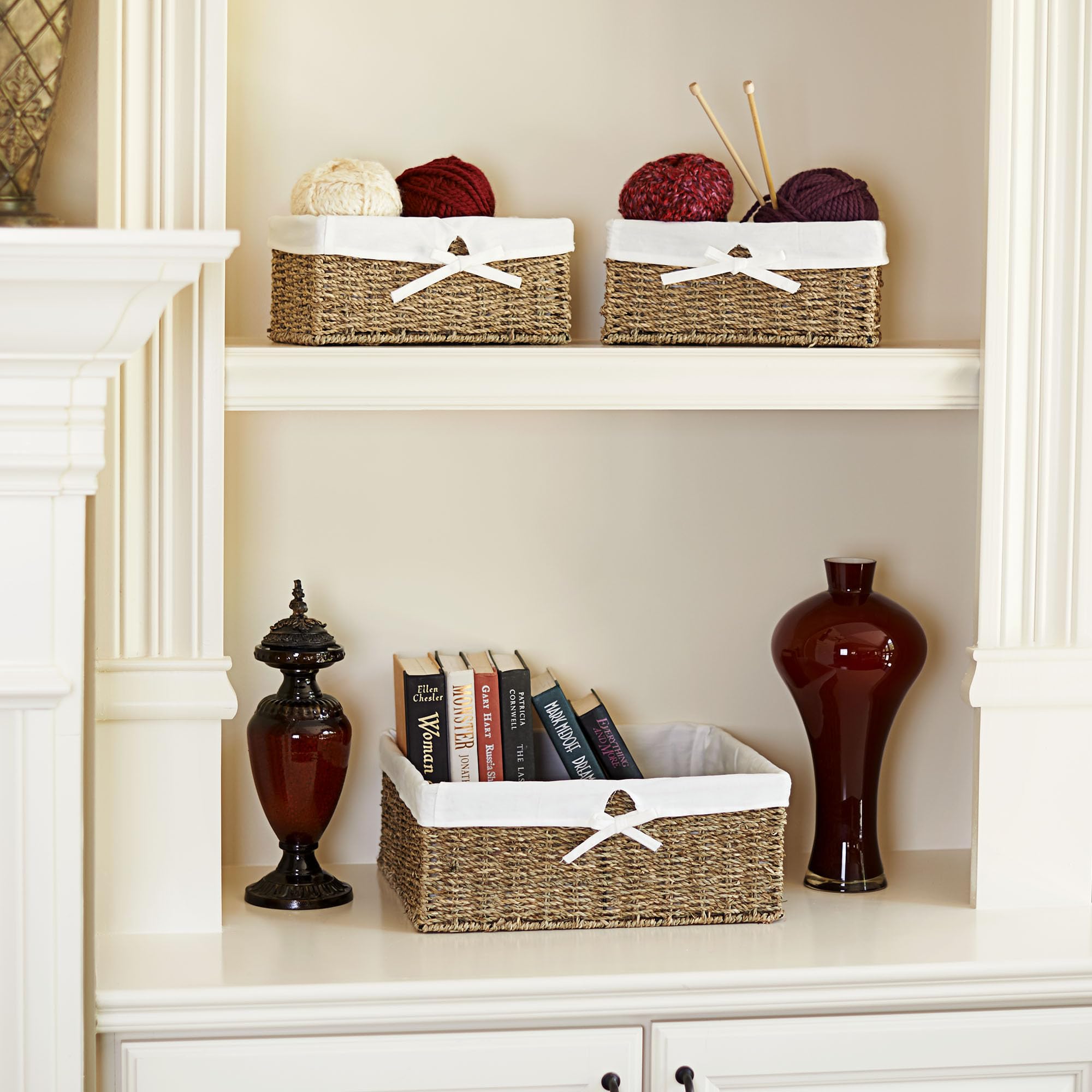 Household Essentials ML-5611 Set of Three Woven Wicker Storage Baskets with Removable Liners | Natural Seagrass,Brown