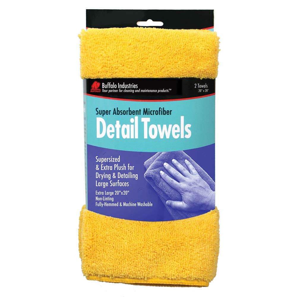 Buffalo Industries (65004) 20" x 20" Ultra Absorbent Non-Linthing Extra Plush Microfiber Cloth Detail Towels - Ideal for Drying and Detailing Large Surfaces - Machine Washable - Pack of 2