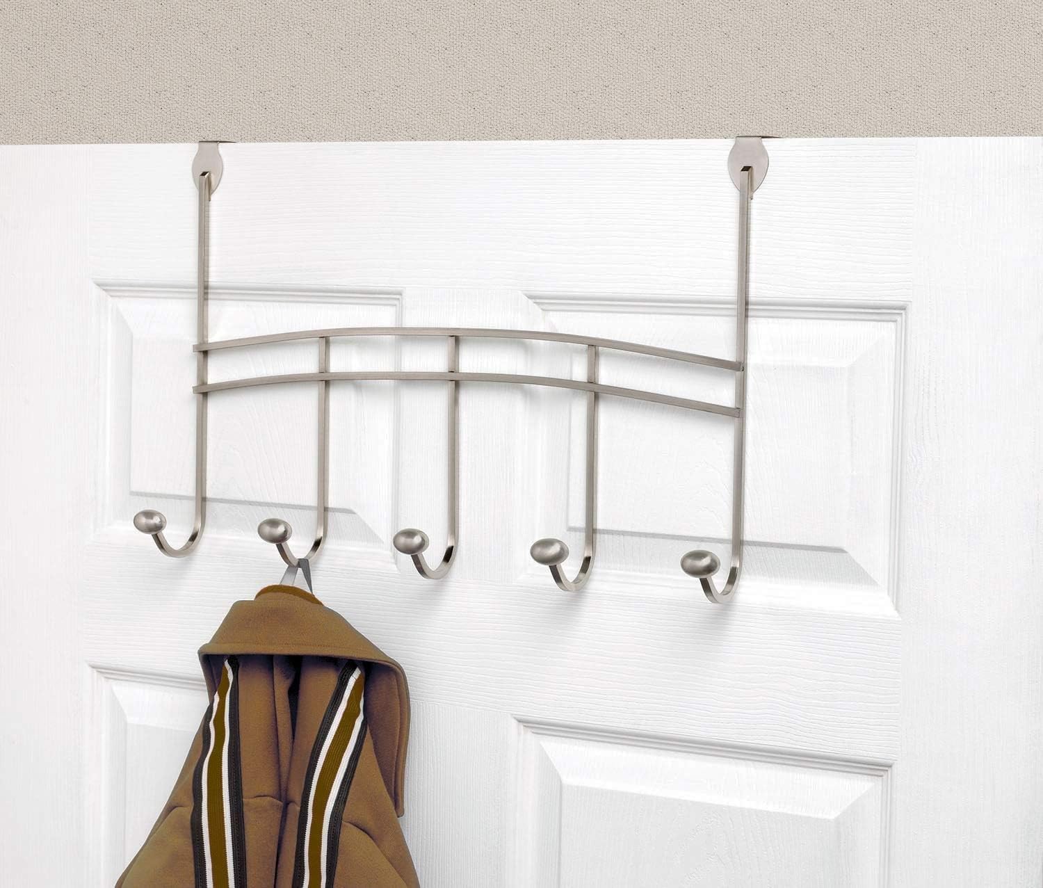 Spectrum Diversified Duchess 5 Door Hooks for Closet, Bathroom & Laundry Room, Jacket & Towel Rack, Clothes Hanger for Small Spaces, Satin Nickel