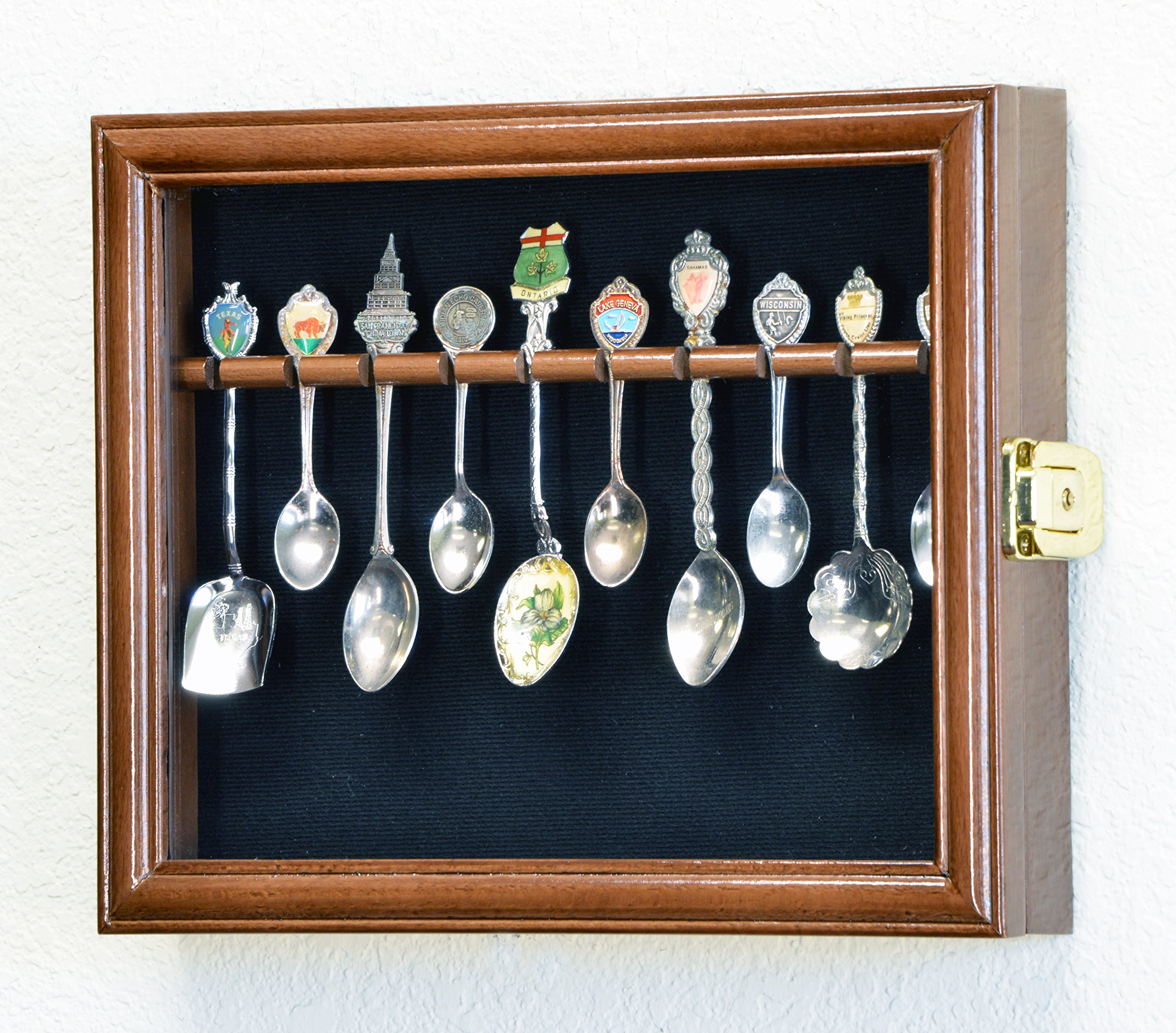 10 Spoon Display Case Cabinet Wall Mount Rack Holder w/98% UV Protection Lockable, Walnut