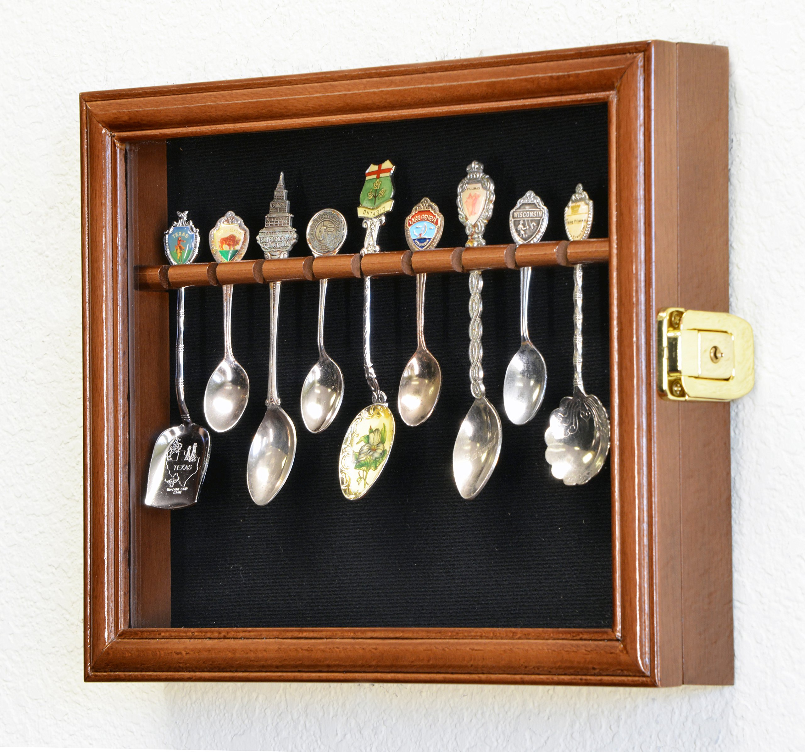 10 Spoon Display Case Cabinet Wall Mount Rack Holder w/98% UV Protection Lockable, Walnut