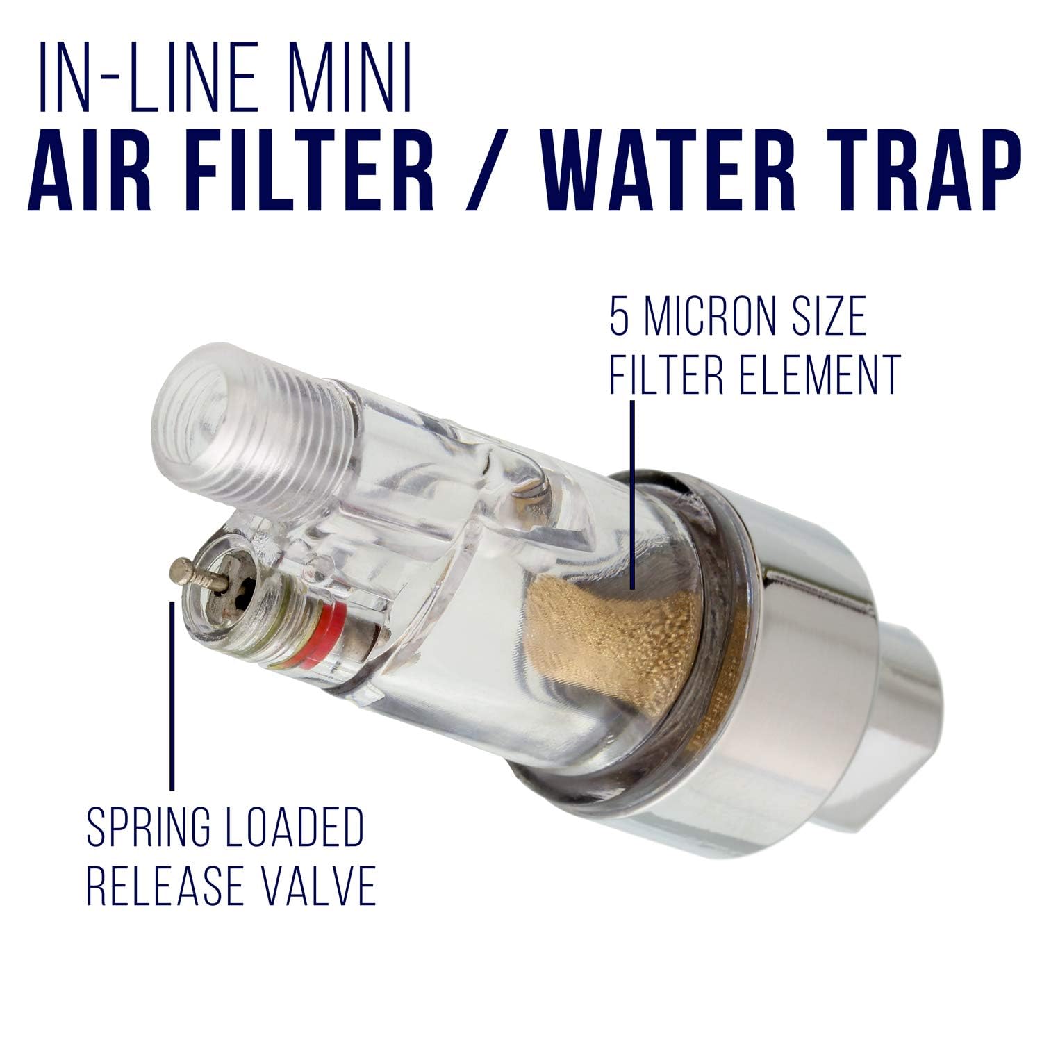 Master Airbrush Premium Airbrush In-Line Mini Air Filter and Water Trap (Connects directly onto airbrushes and hoses with 1/8" threads)