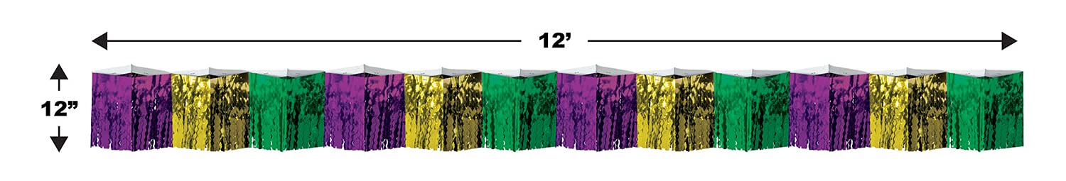 Beistle Mardi Gras Metallic Plastic Fringe Drape for Sidewalk Awnings Street Festivals Parade Float Decorations Party Supplies, 12" x 12", Gold/Green/Purple