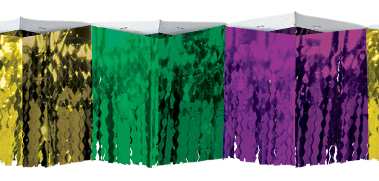 Beistle Mardi Gras Metallic Plastic Fringe Drape for Sidewalk Awnings Street Festivals Parade Float Decorations Party Supplies, 12" x 12", Gold/Green/Purple