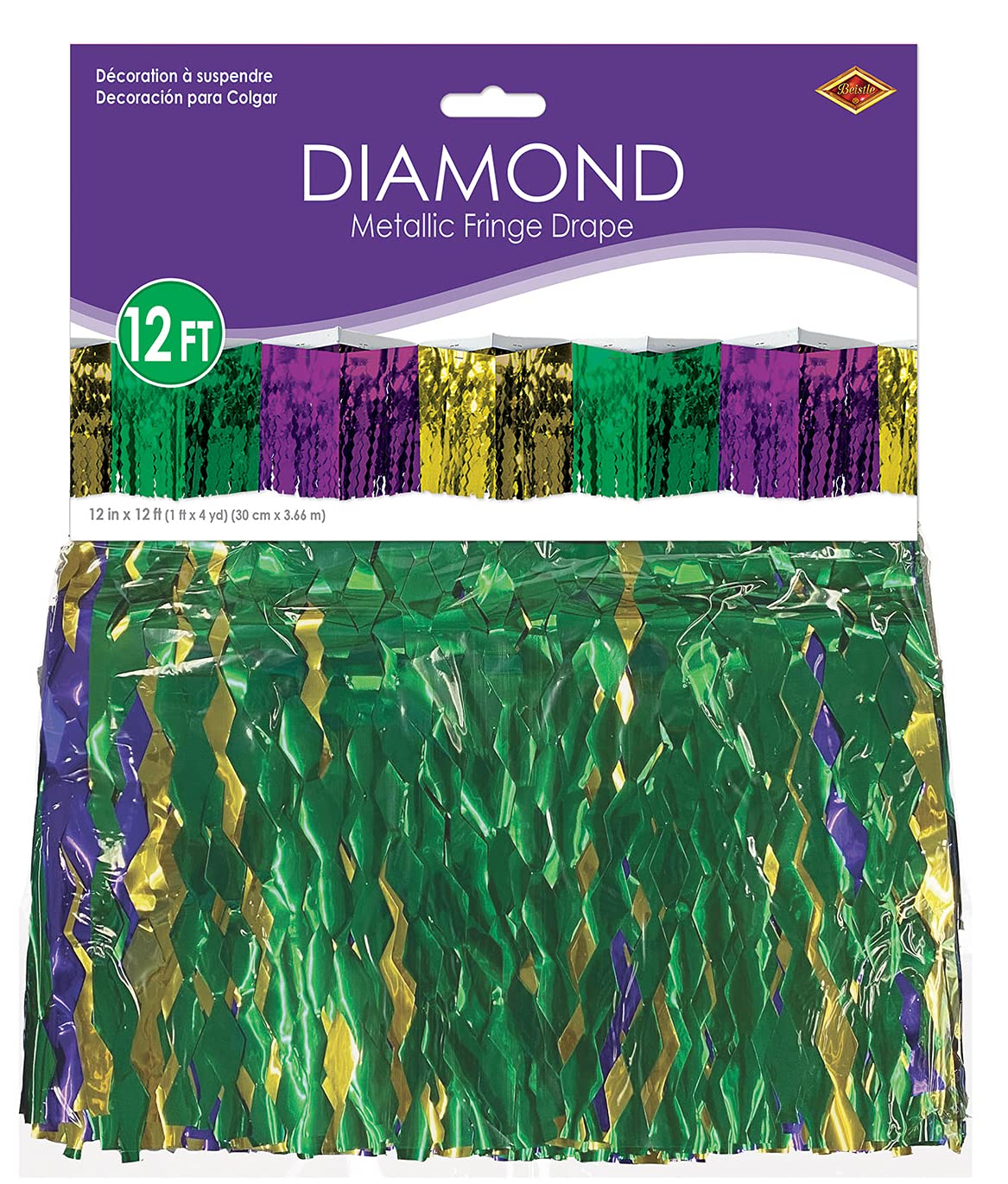 Beistle Mardi Gras Metallic Plastic Fringe Drape for Sidewalk Awnings Street Festivals Parade Float Decorations Party Supplies, 12" x 12", Gold/Green/Purple