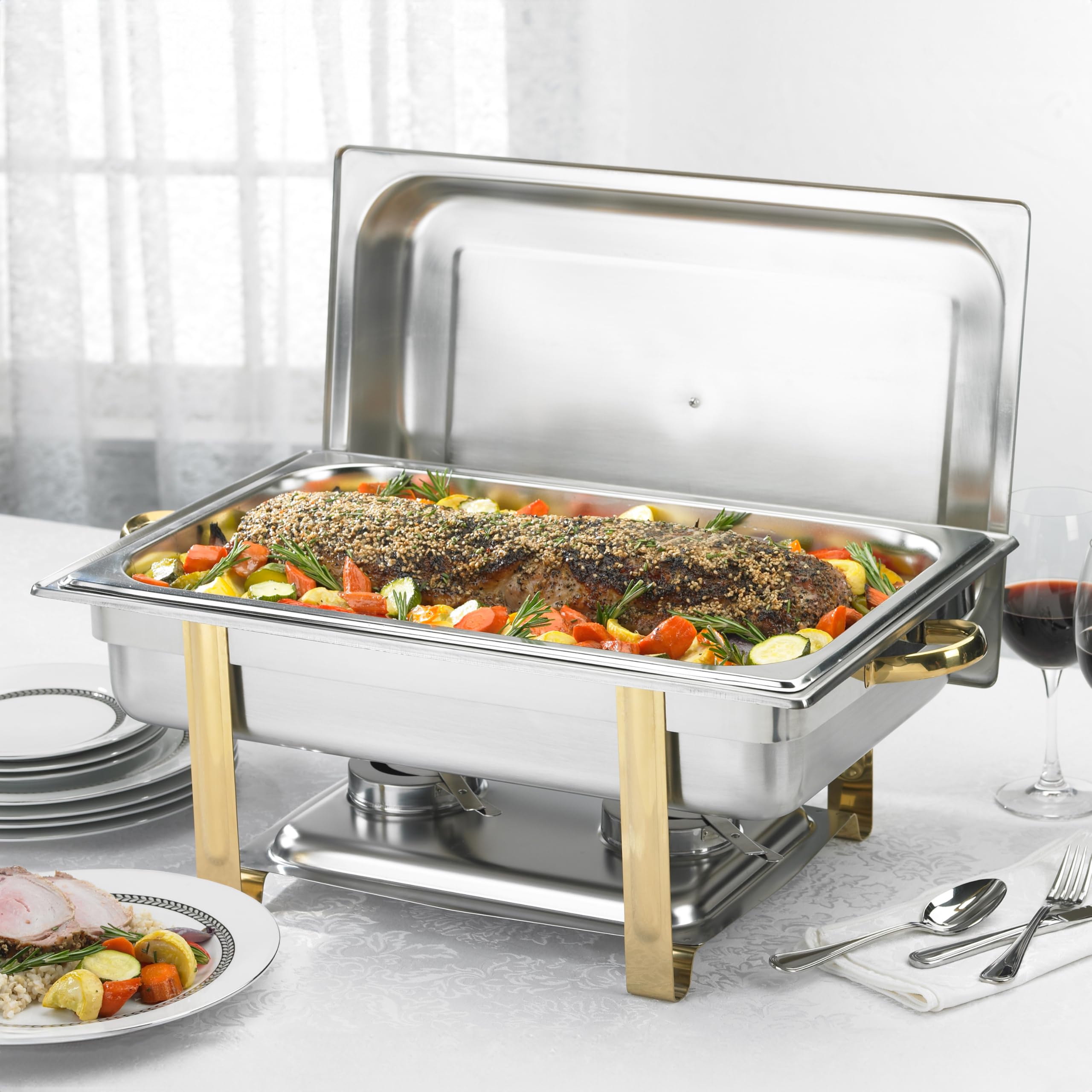 Winware 8 Quart Stainless Steel Gold Accented Chafer
