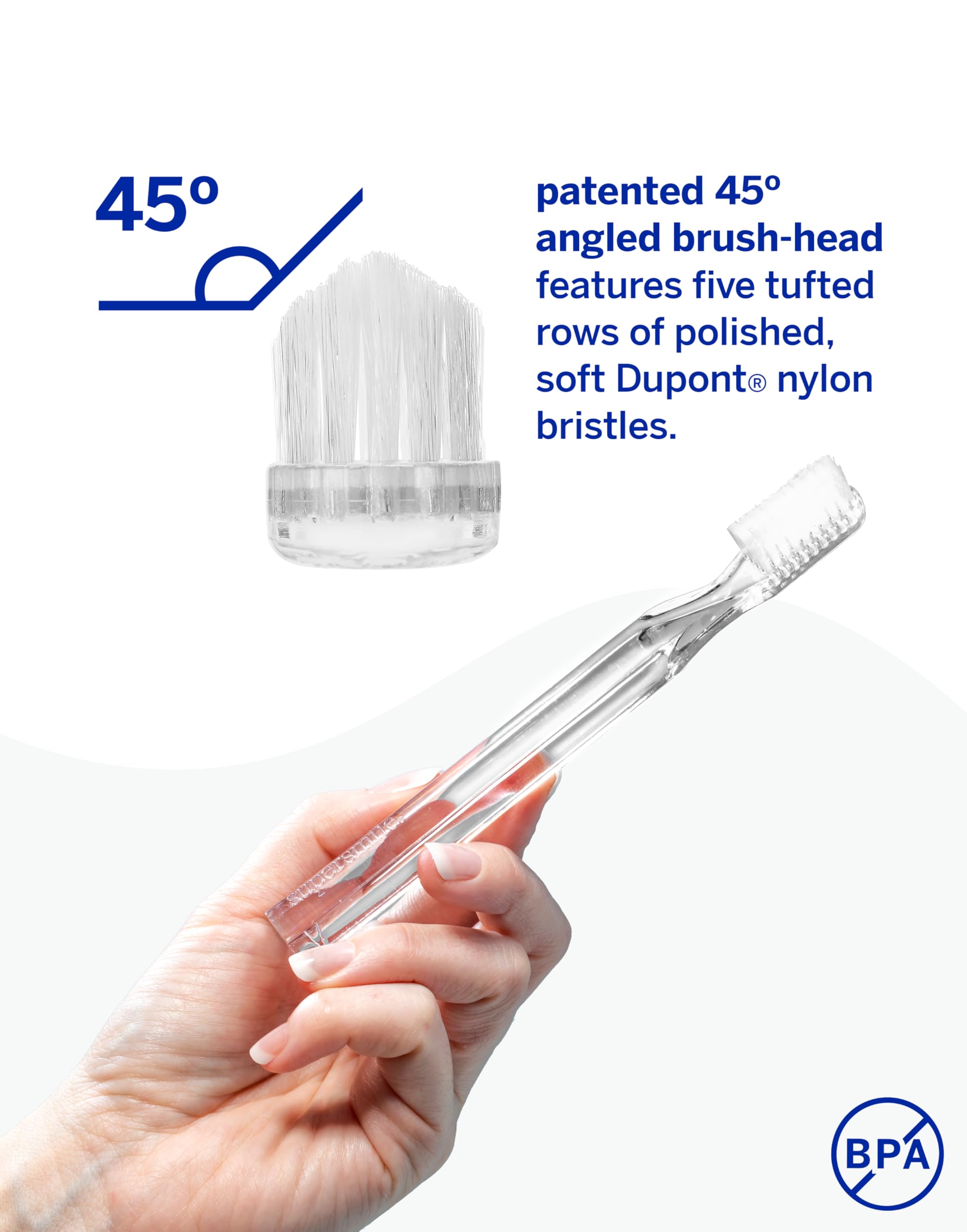 Supersmile New Generation Toothbrush w/ Patented 45° Soft Nylon Bristles - Whitening Tooth Brush w/ Ergonomic Handle Guarantees ADA Recommended Brushing Angle for Adults & Children (Clear)