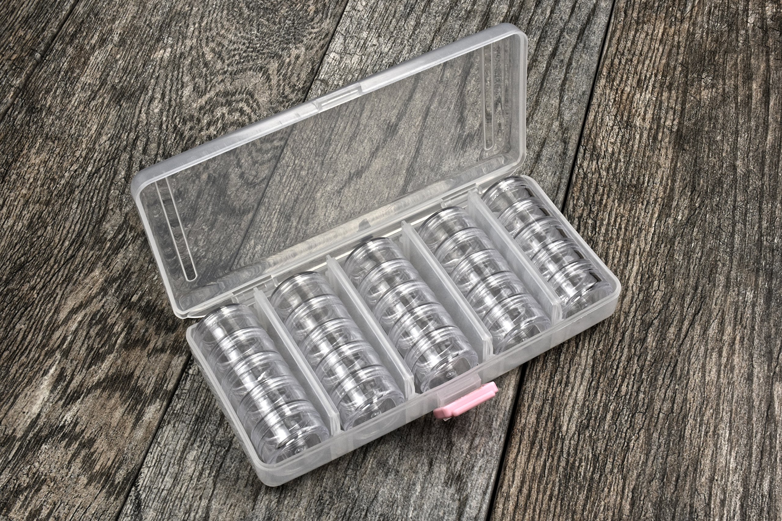 SE 25-in-1 Round Containers Inside a Plastic Storage Box with Stackable Screw-On Lids, 7/8" x 1-1/8", Clear - 87134DB