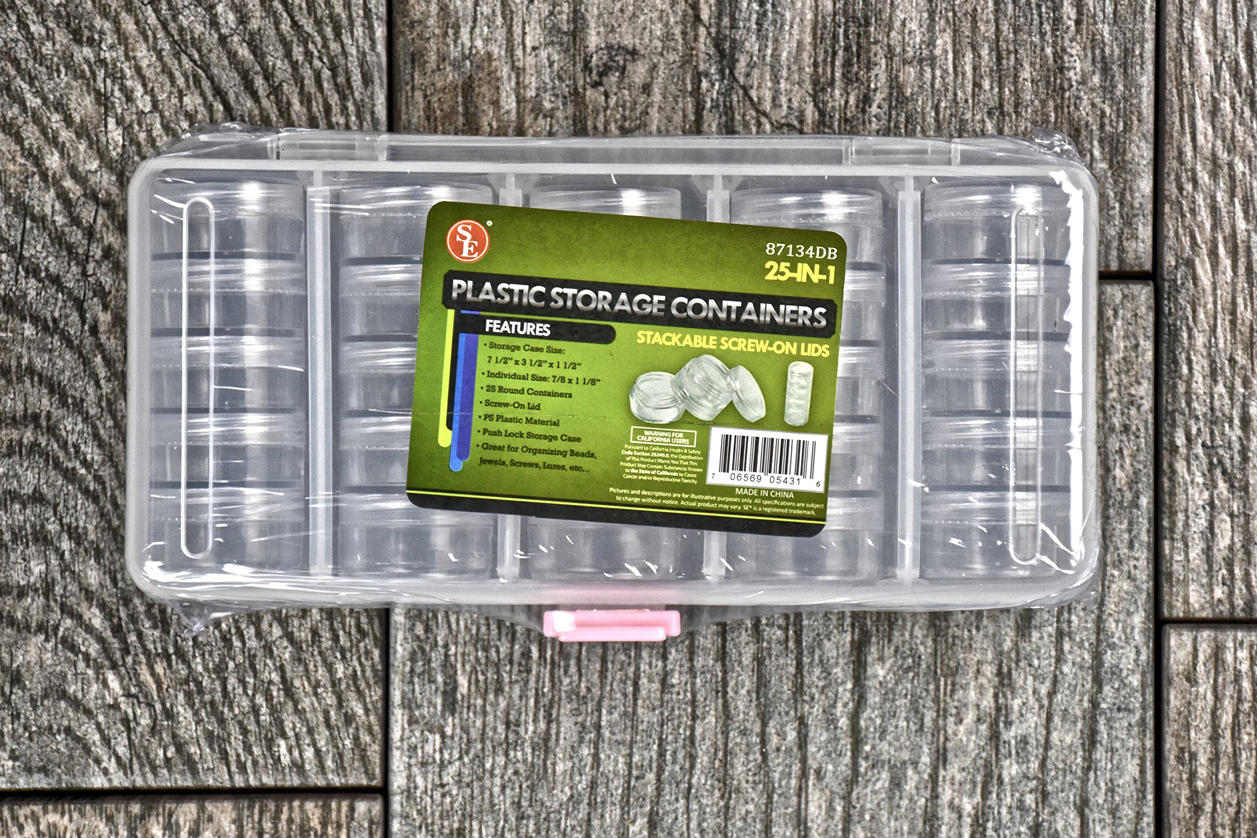 SE 25-in-1 Round Containers Inside a Plastic Storage Box with Stackable Screw-On Lids, 7/8" x 1-1/8", Clear - 87134DB