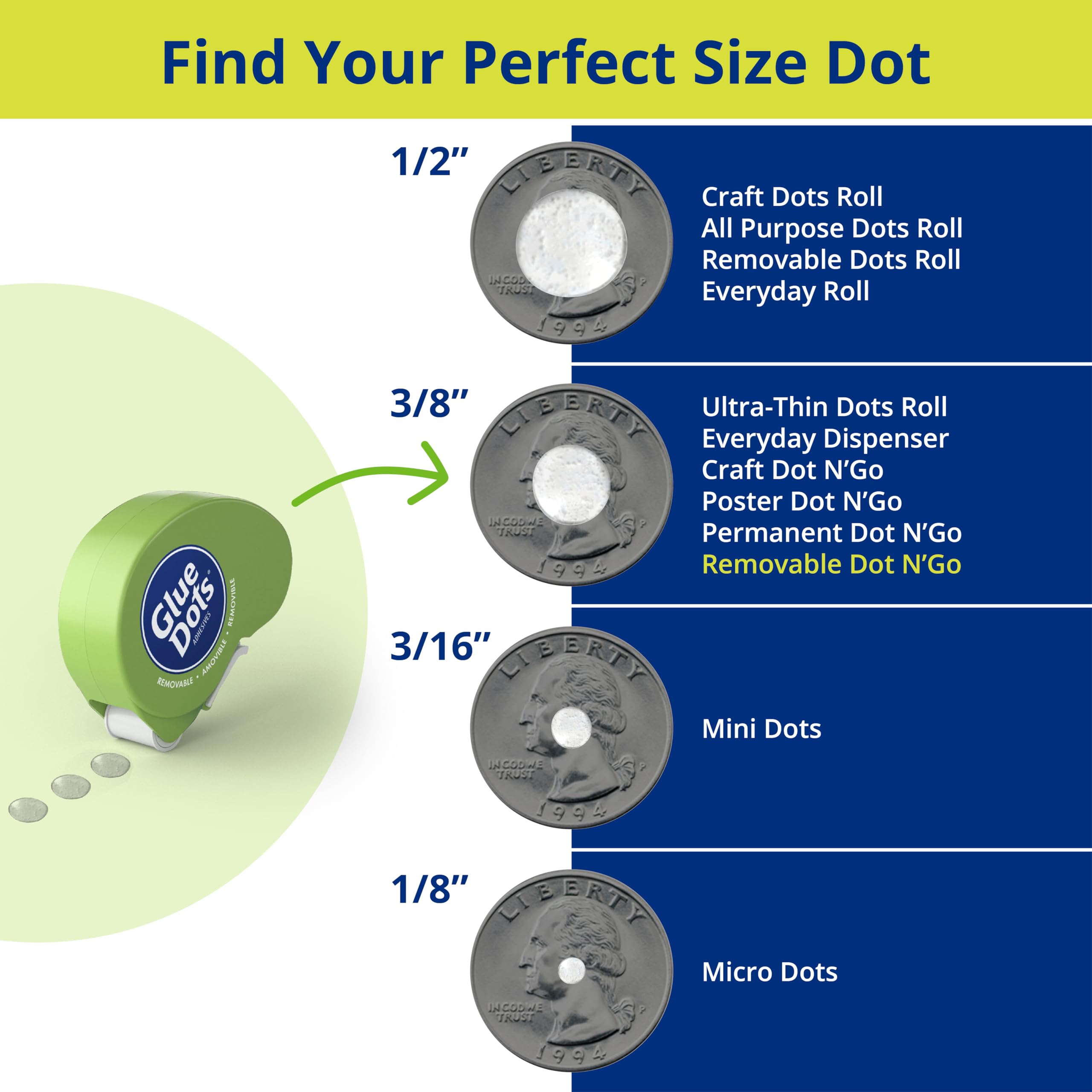Glue Dots Removable Dot N' Go Dispenser with 200 (.375 Inch) Removable Adhesive Dots (03669E)