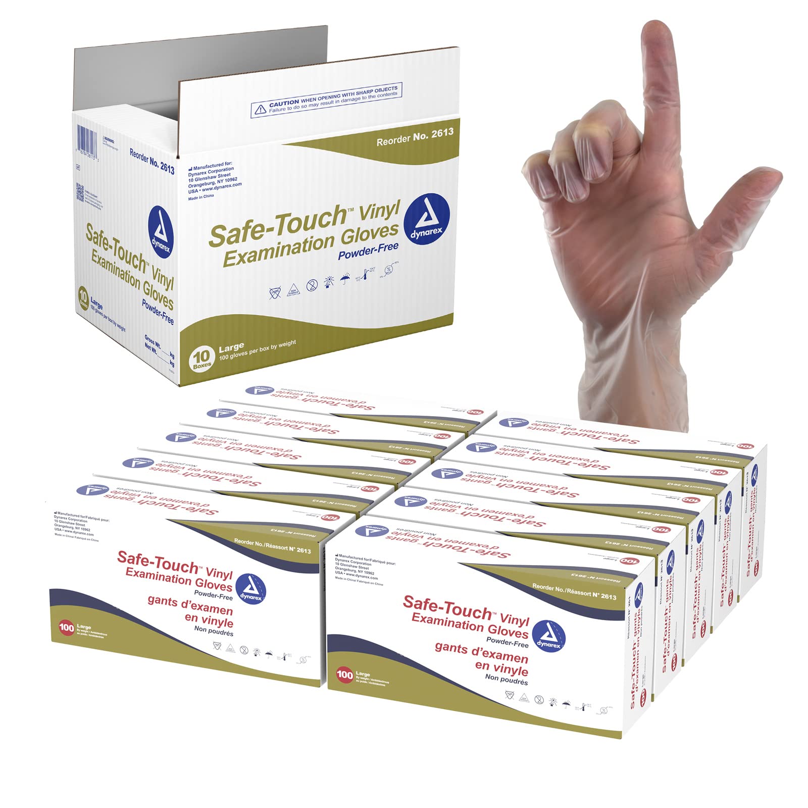 DynarexDynarex Safe-Touch Vinyl Disposable Exam Gloves, Powder-Free, Food Safety and Compliance, Ambidextrous, Clear, Medium, 1 Case - 10 Boxes of 100 Safe-Touch Vinyl Disposable Exam Gloves