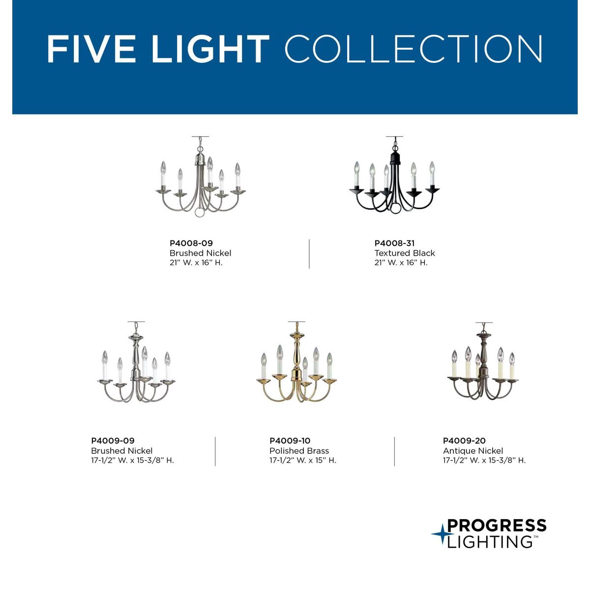 Progress Lighting P4009-10 5-Light Chandelier, Polished Brass