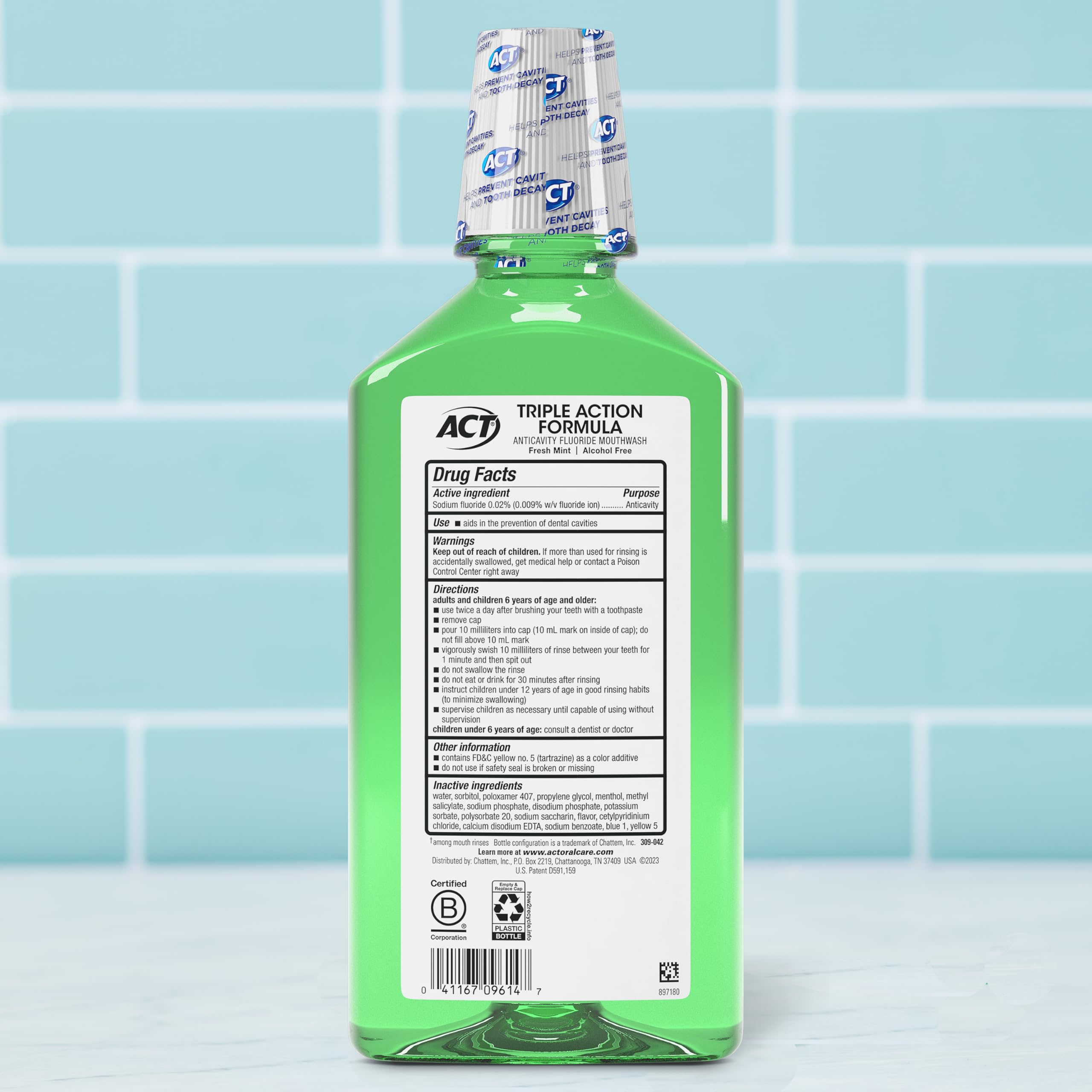 ACT Total Care Zero Alcohol Anticavity Fluoride Mouthwash 33.8 fl. oz. (Pack of 3) Fresh Mint