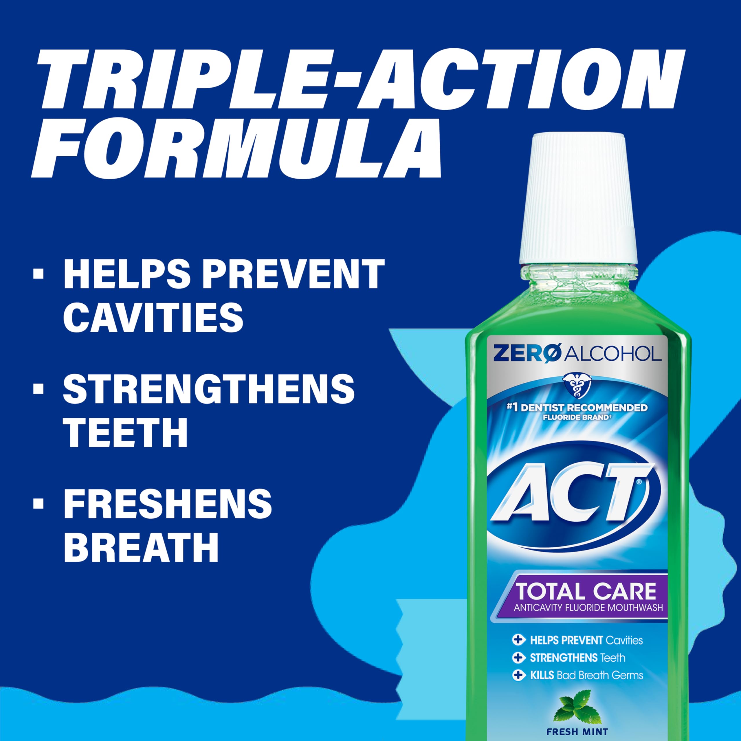 ACT Total Care Zero Alcohol Anticavity Fluoride Mouthwash 33.8 fl. oz. (Pack of 3) Fresh Mint