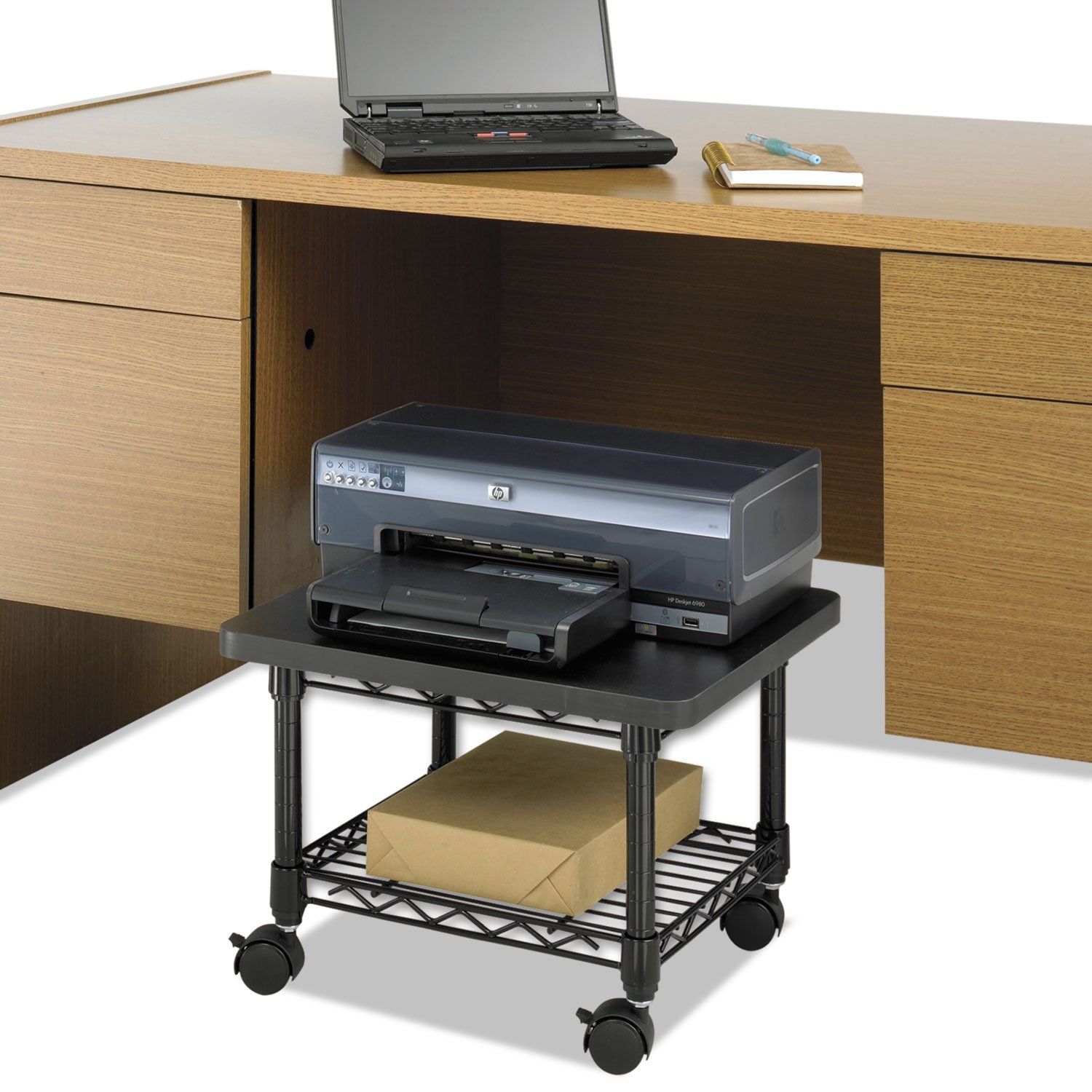 Safco Products Under Desk Printer/Fax Stand , Black Powder Coat Finish, Swivel Wheels for Mobility