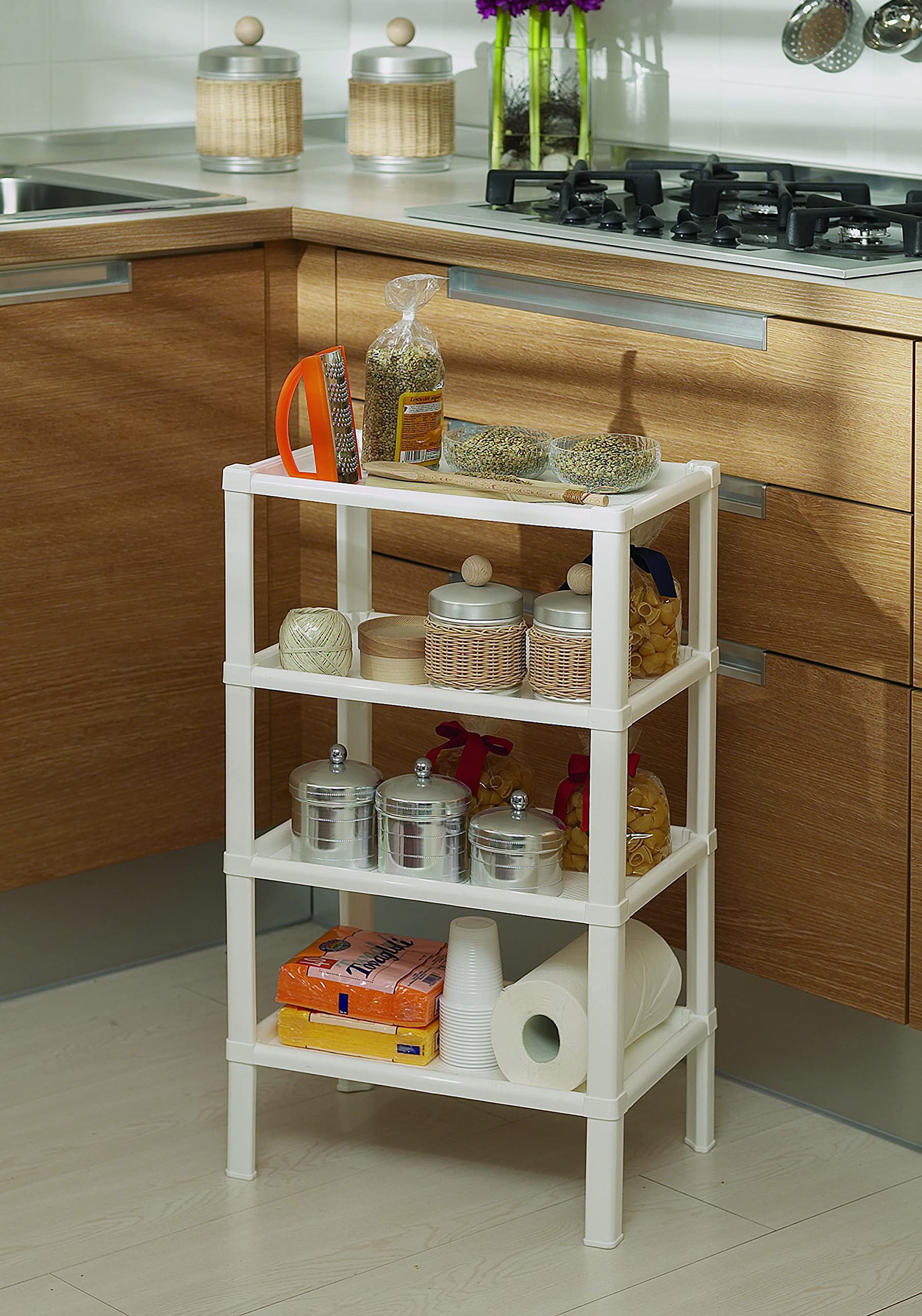Sana Enterprises Italian Design 4 Shelf Tower Creates Elegant Organized Storage Space Anywhere, White